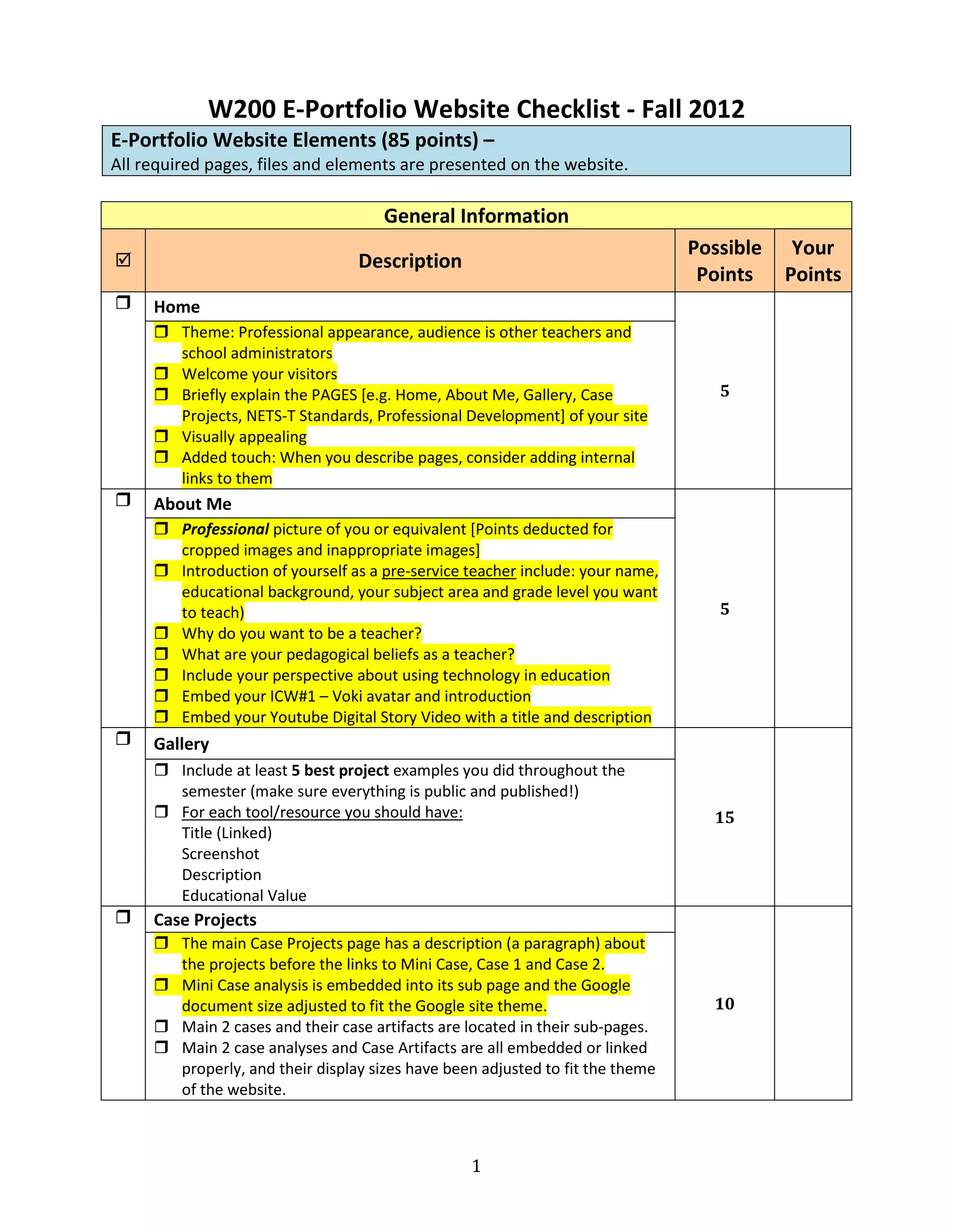 E portfolio draft checklist - fall 2012 | PDF