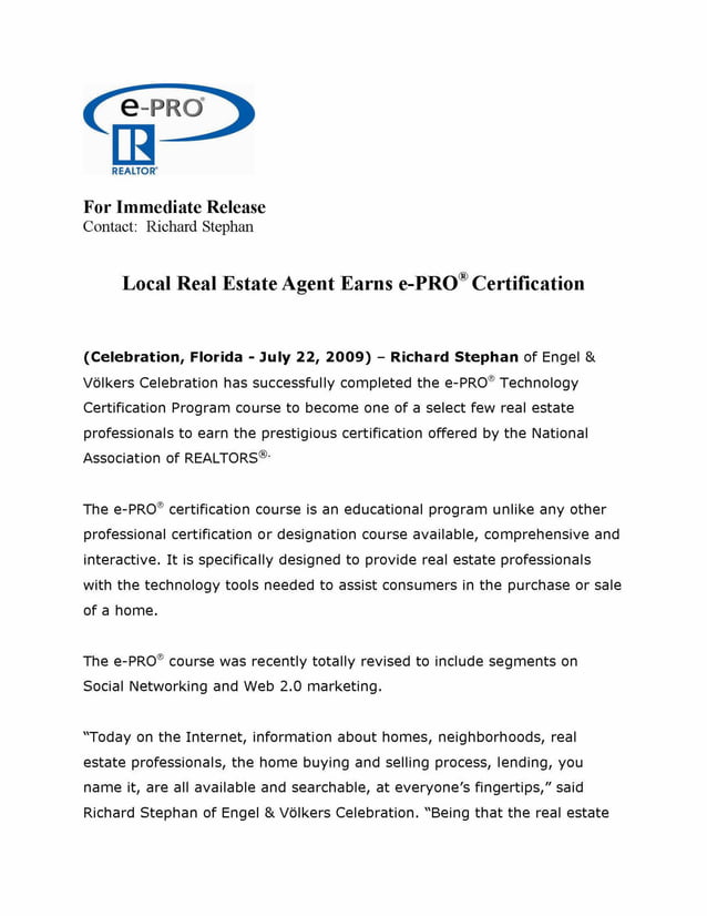 Local Real Estate Agent Earns e-PRO® Certification | PDF