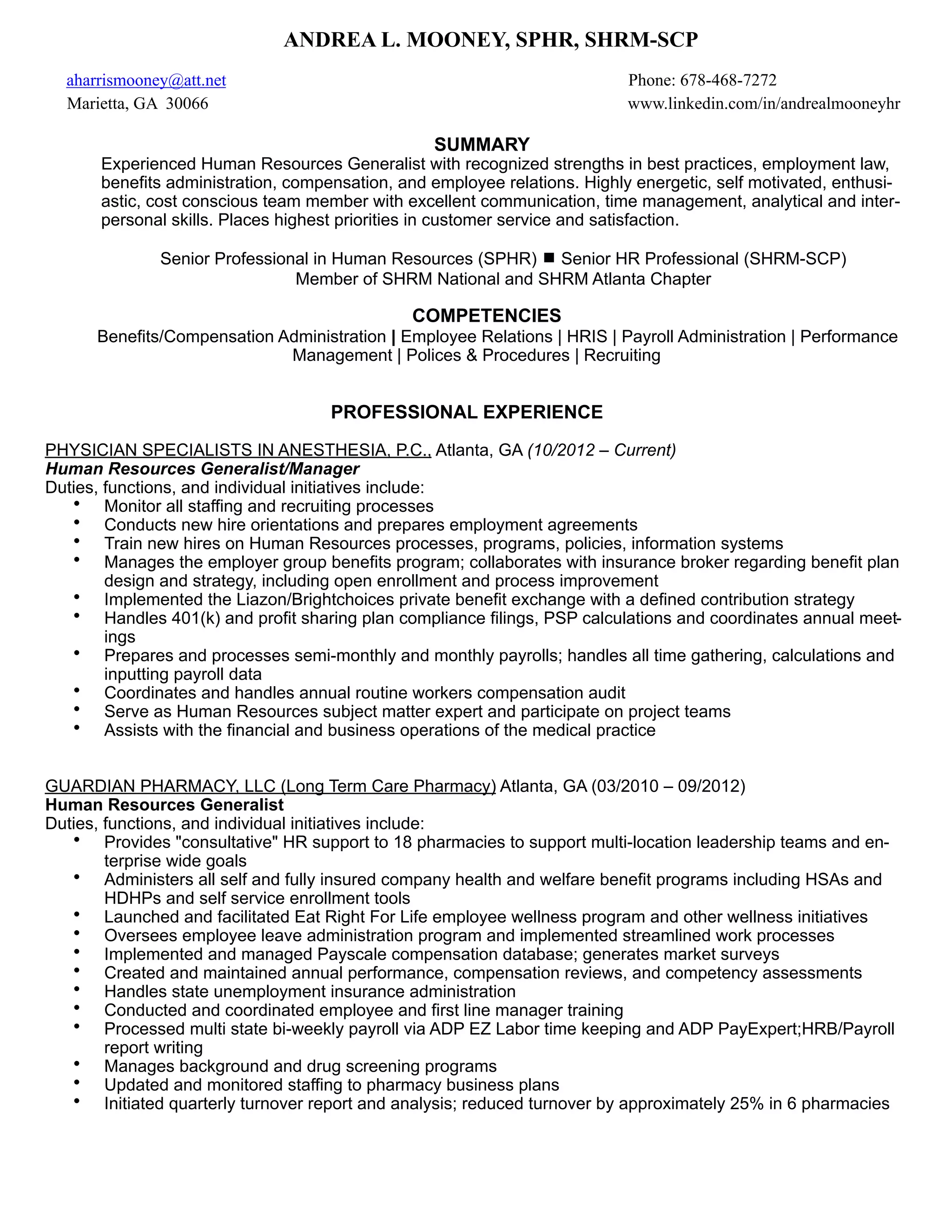 E resume andrea mooney2018hr | PDF