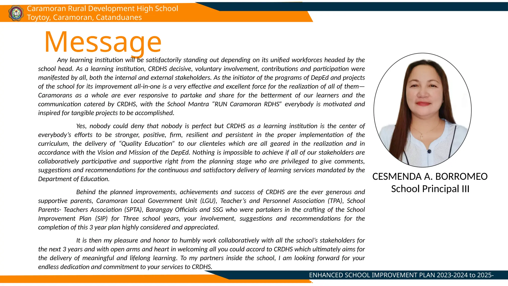 Enhanced School Improvement Plan of CRDHS | PPTX