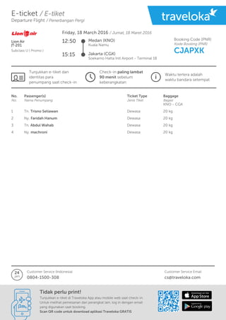 E-ticket/ - Departure Flight/ - Traveloka/ - Trisno Setiawan | PDF