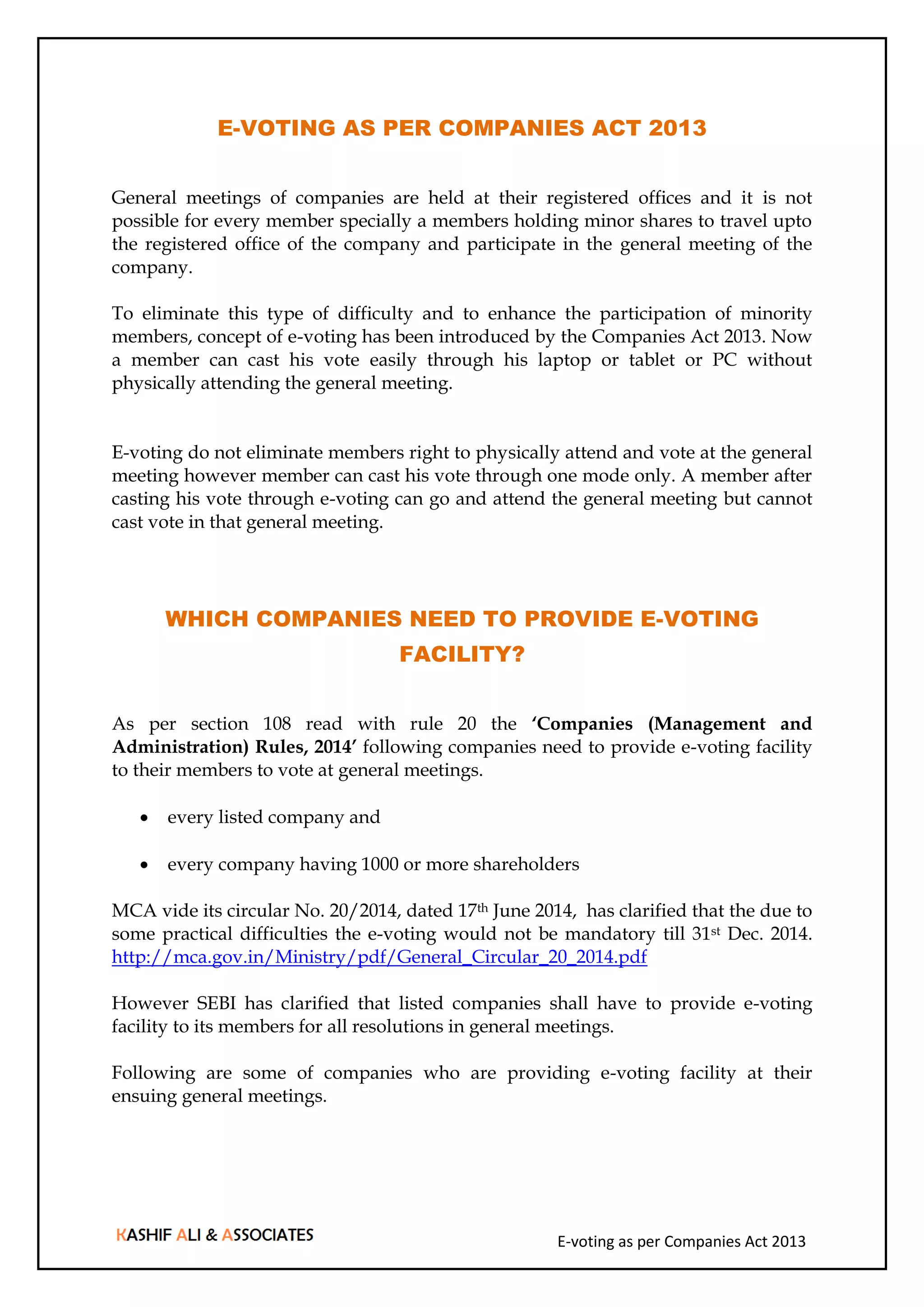E voting procedure-companies act 2013 | PDF