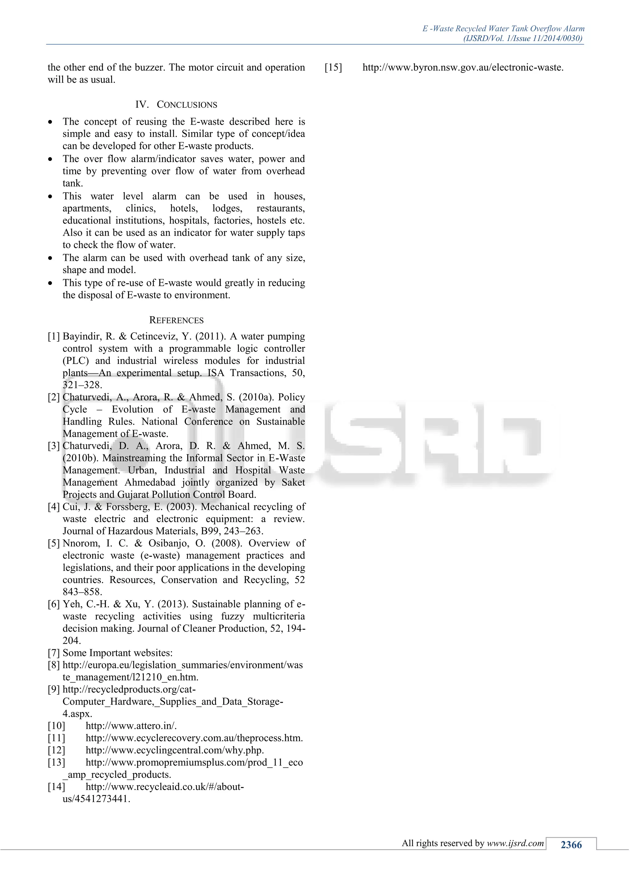 E- waste recycled water tank overflow alarm | PDF