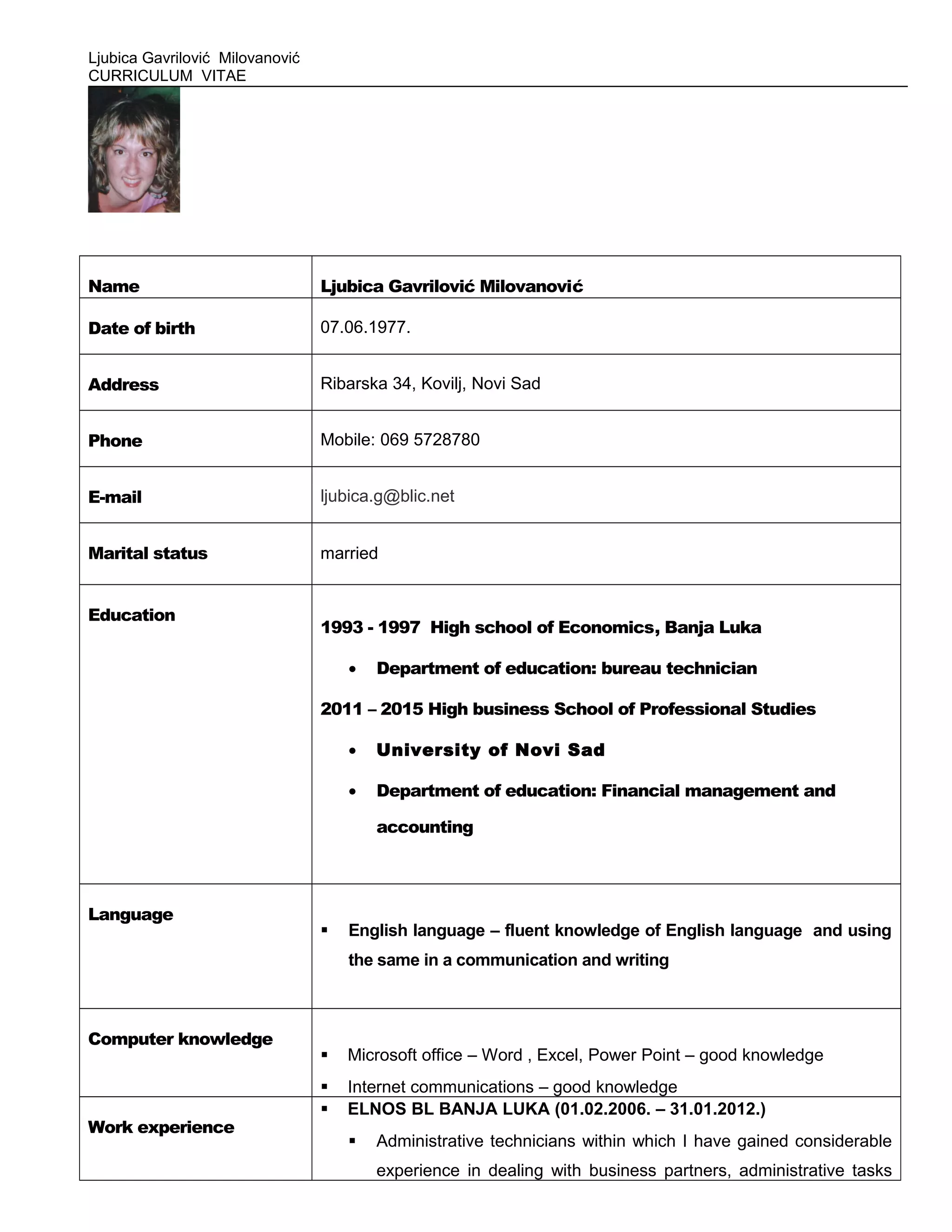 CV Ljubica - EN | DOC | Business | Business and Finance