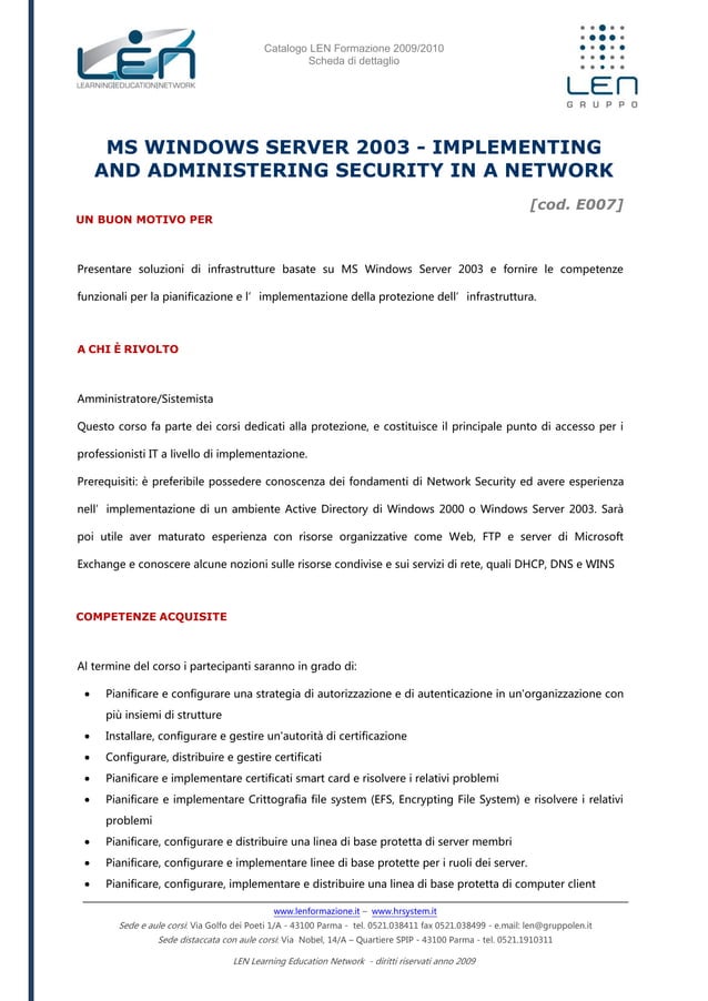 Implementing and administering security in a network - Scheda corso LEN | PDF