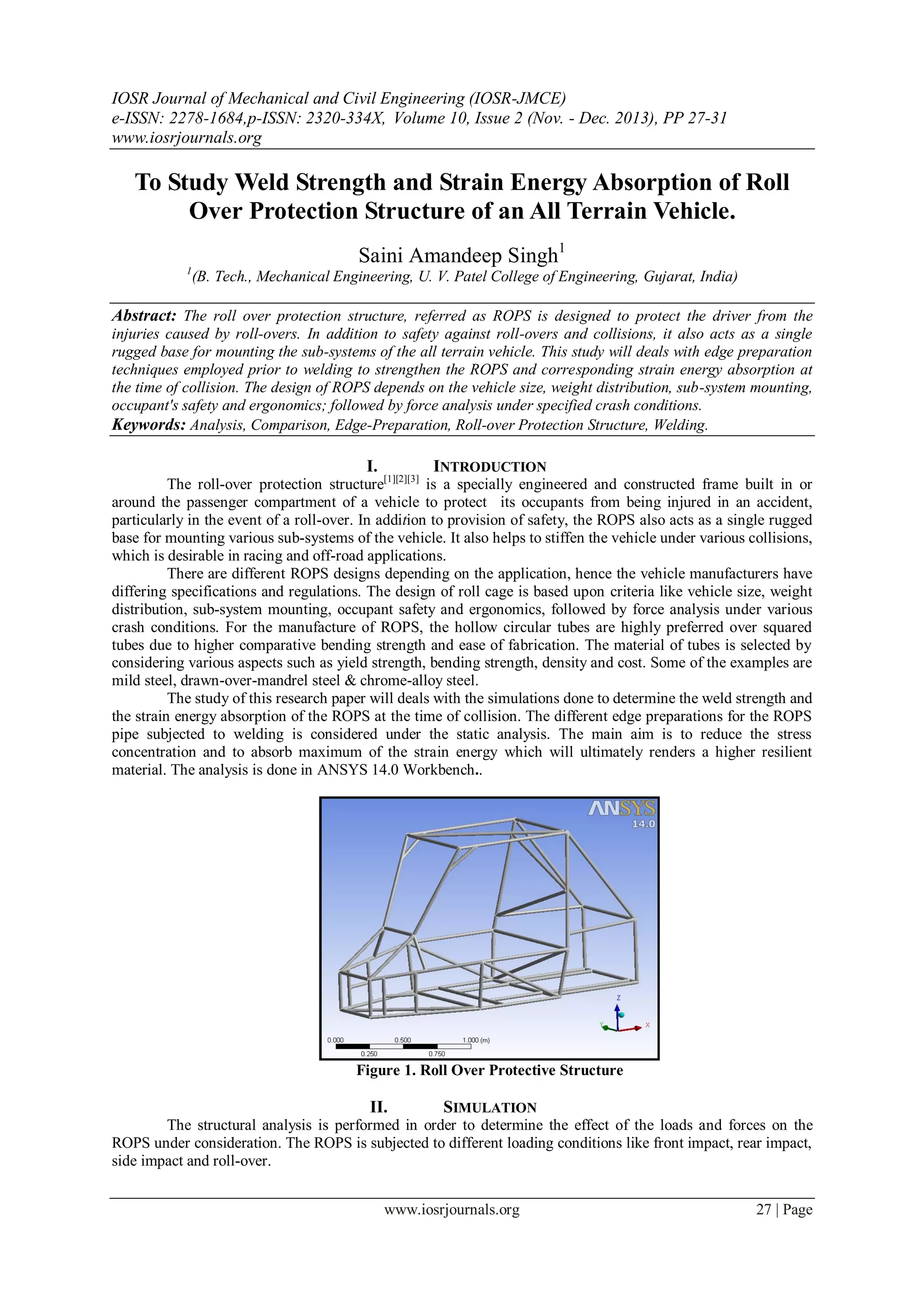 To Study Weld Strength and Strain Energy Absorption of Roll Over ...