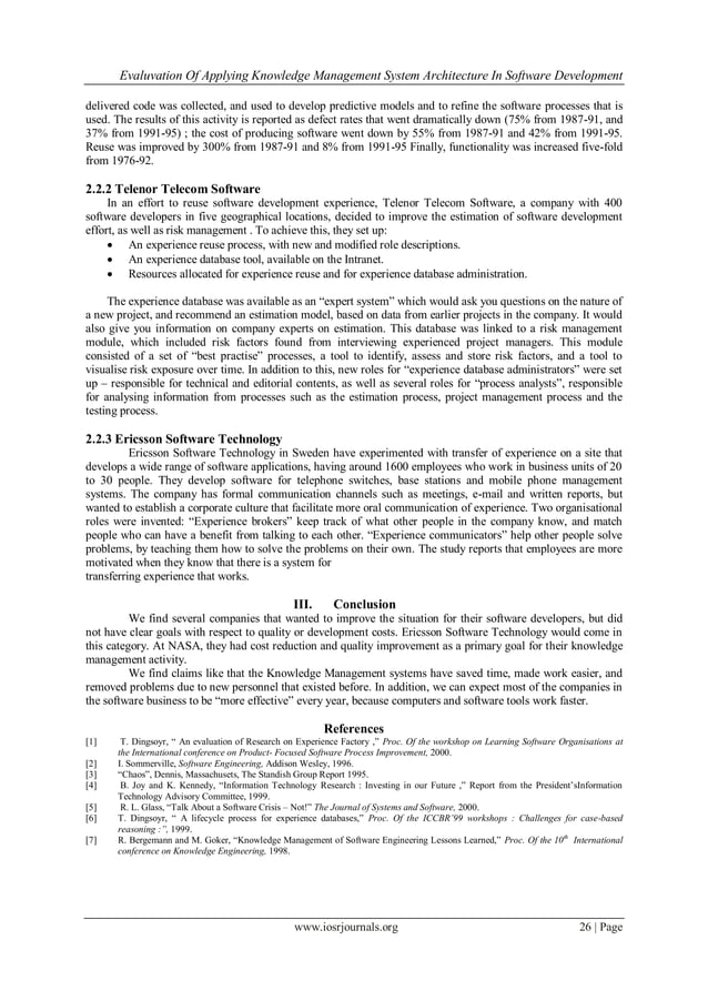 Evaluvation of Applying Knowledge Management System Architecture in Software Development ...
