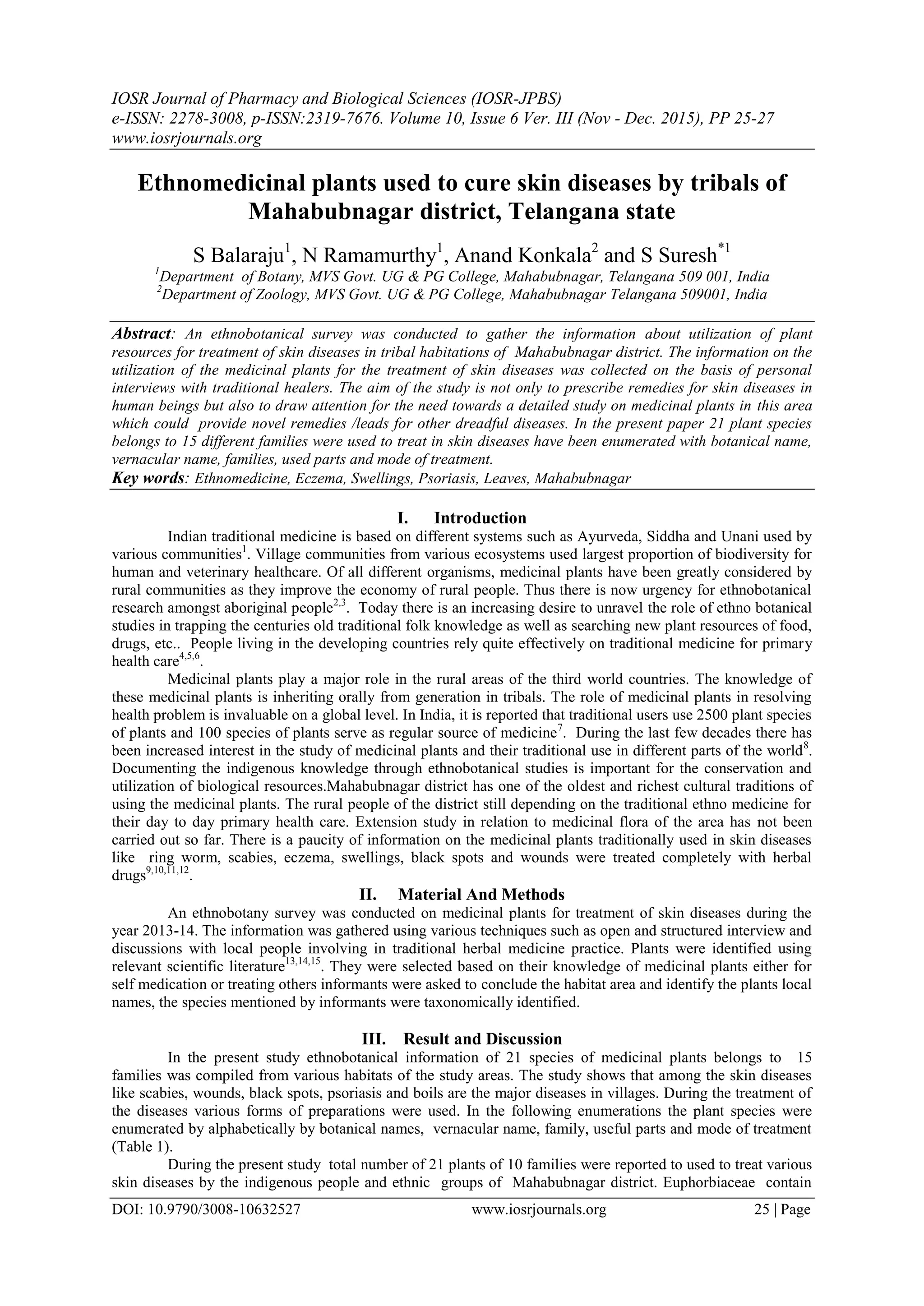 Ethnomedicinal plants used to cure skin diseases by tribals of Mahabubnagar district, Telangana ...