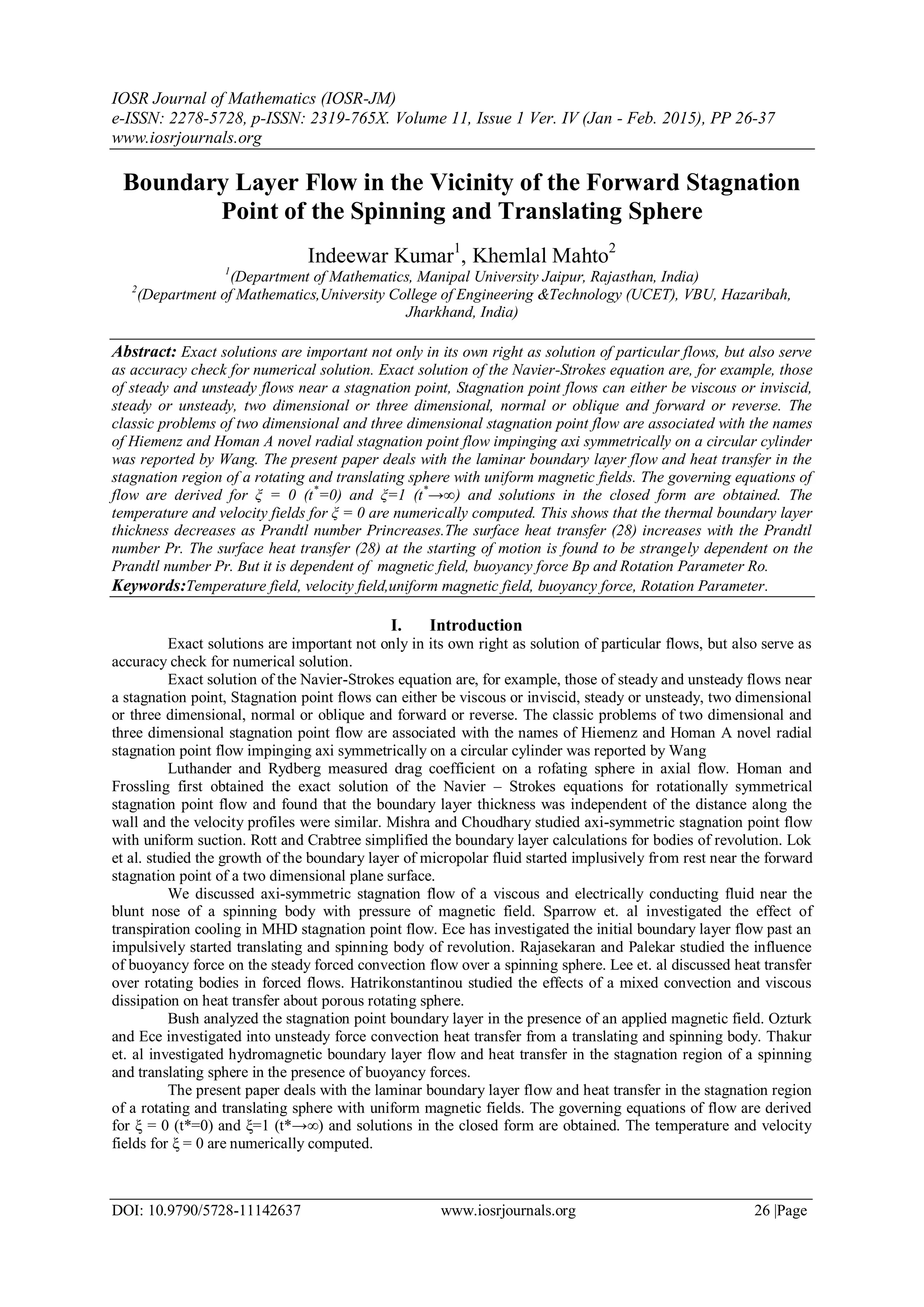 Boundary Layer Flow in the Vicinity of the Forward Stagnation Point of ...