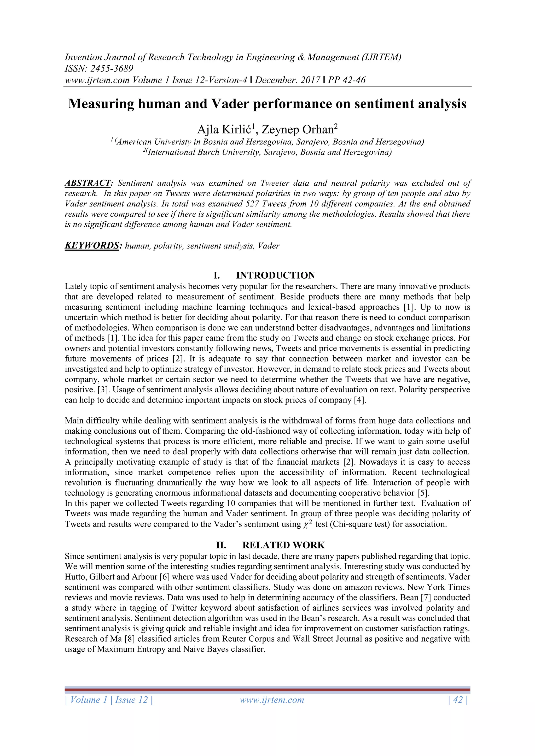 Measuring human and Vader performance on sentiment analysis | PDF