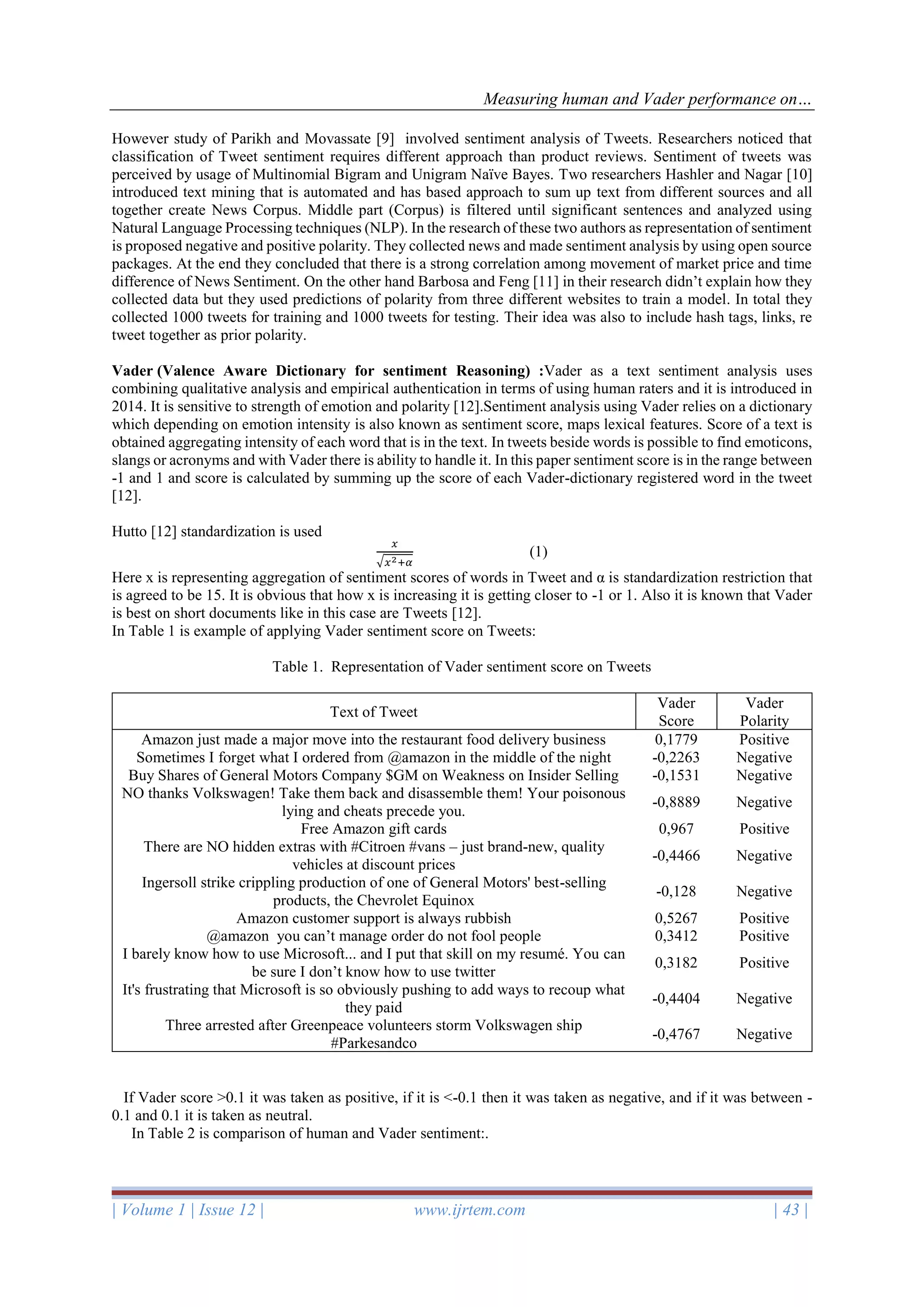 Measuring human and Vader performance on sentiment analysis | PDF ...