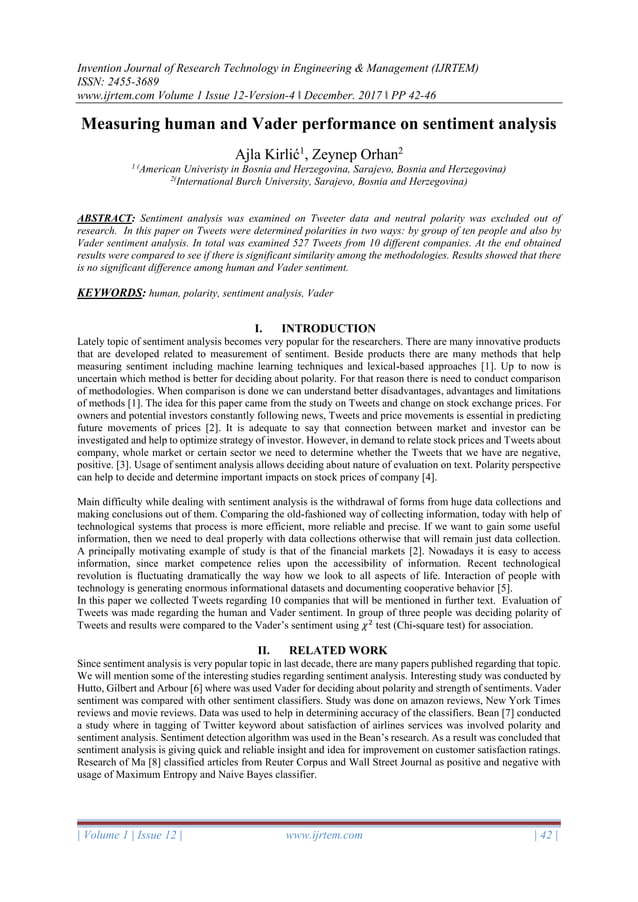 Measuring human and Vader performance on sentiment analysis | PDF ...