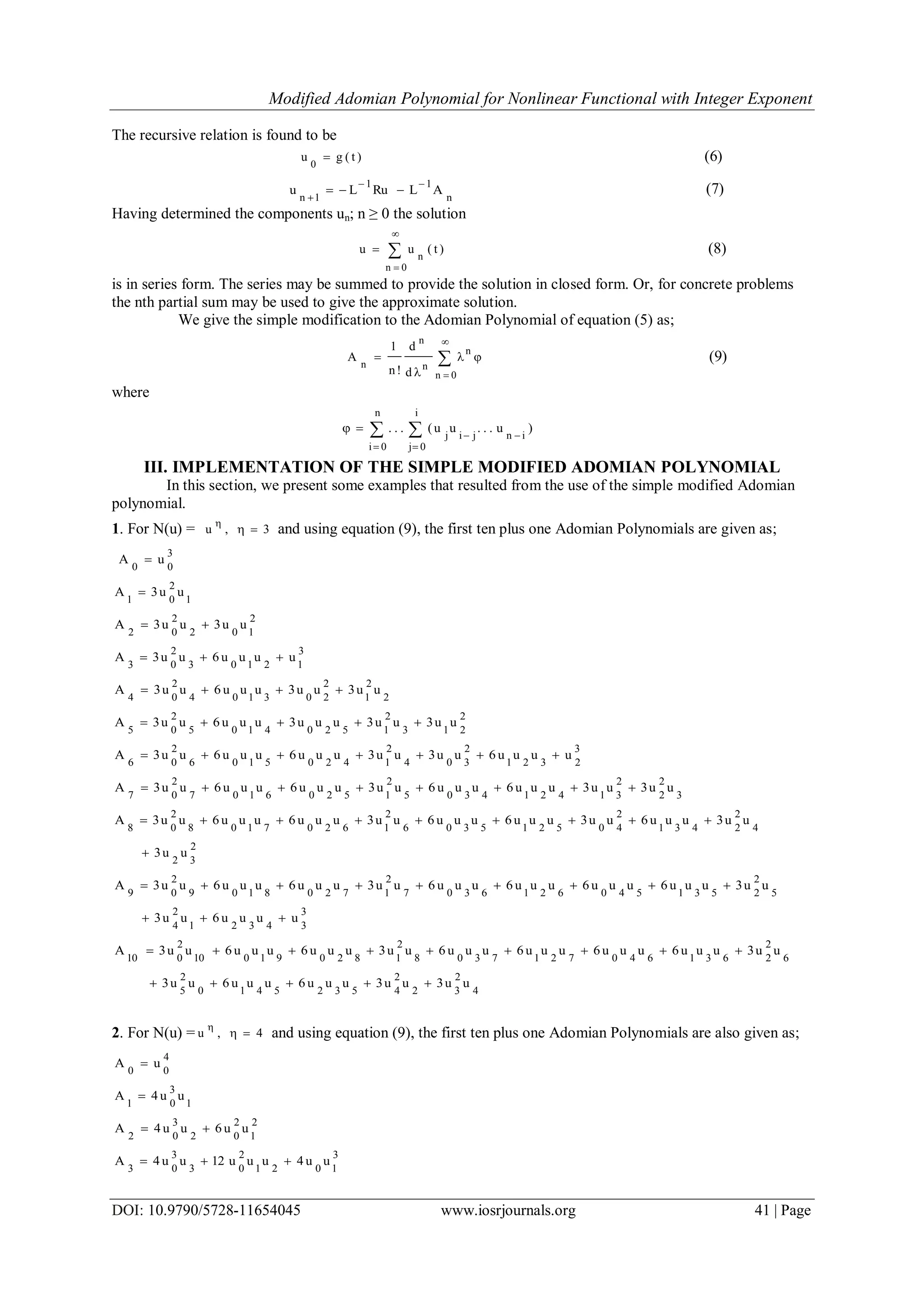 Modified Adomian Polynomial For Nonlinear Functional With Integer Exponent Pdf