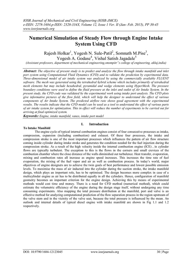 Numerical Simulation Of Steady Flow Through Engine Intake System Using Cfd Pdf