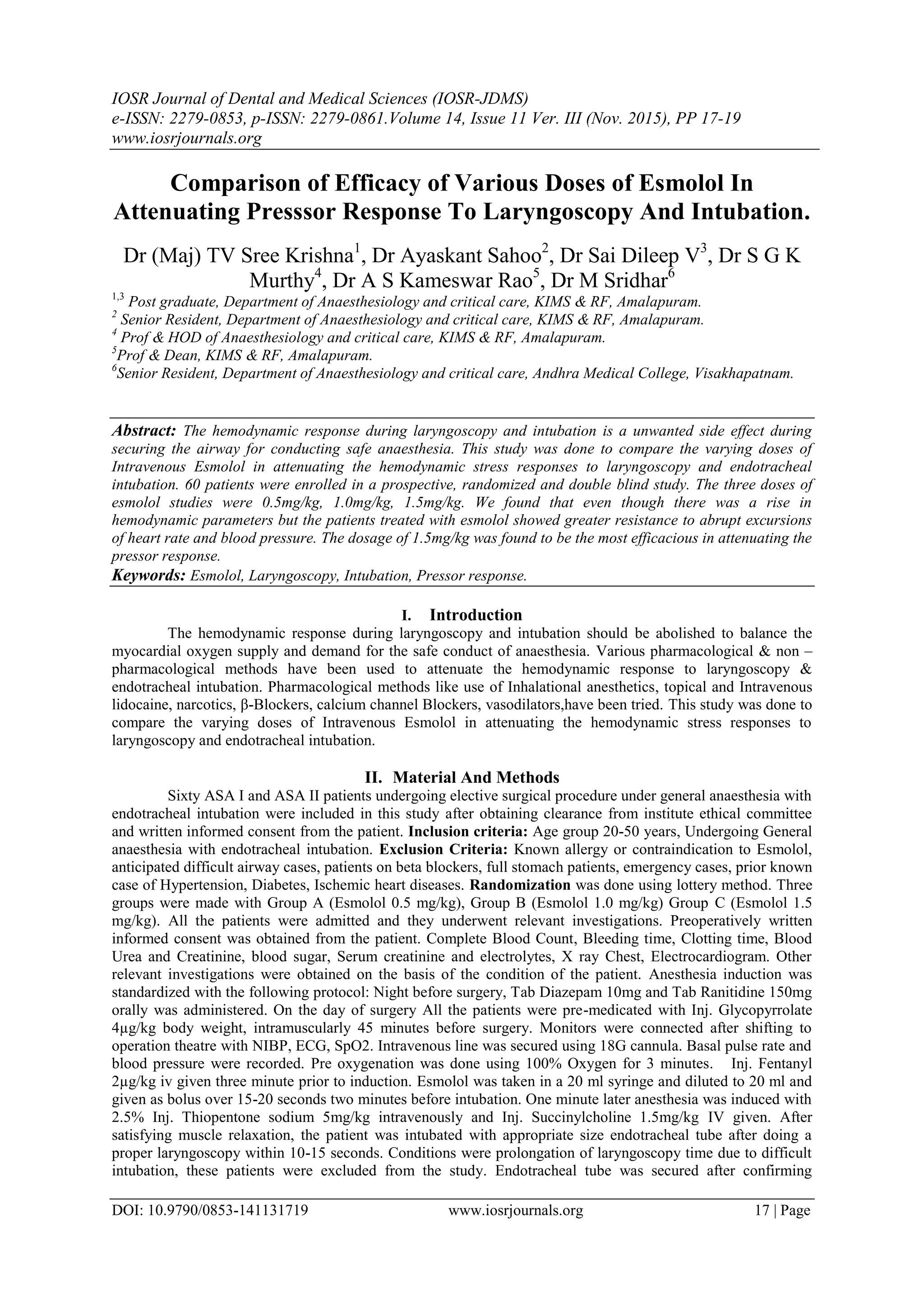 Comparison of Efficacy of Various Doses of Esmolol In Attenuating ...