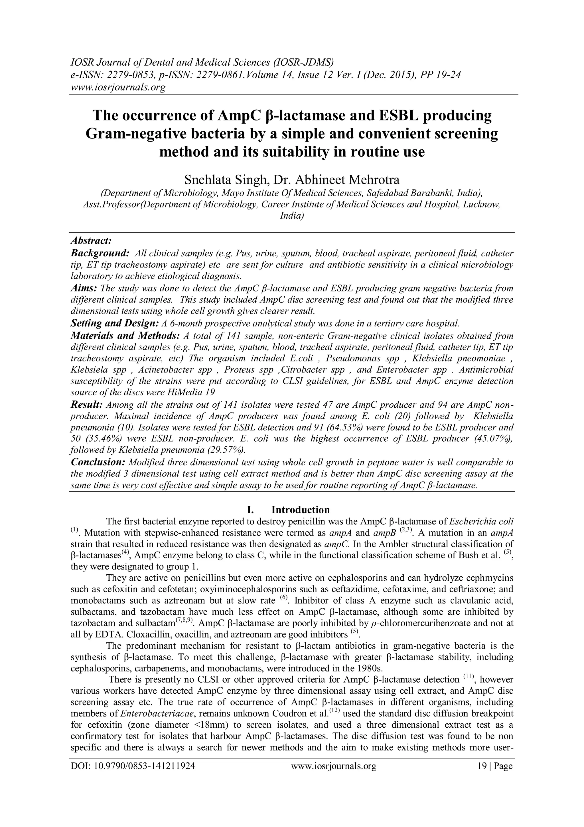 The occurrence of AmpC β-lactamase and ESBL producing Gram-negative ...