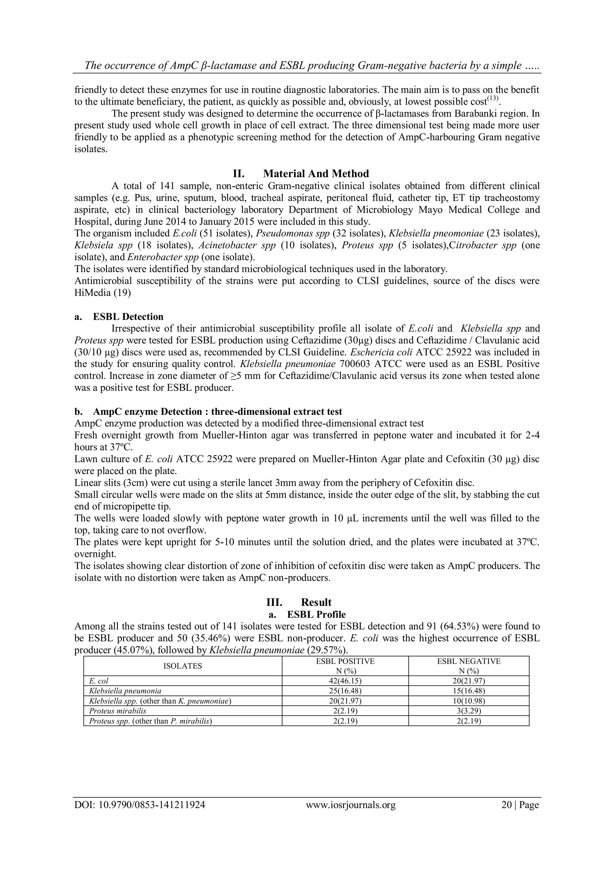 The occurrence of AmpC β-lactamase and ESBL producing Gram-negative ...