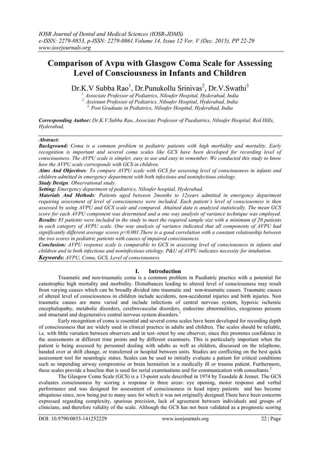 Comparison of AVPU and GCS scales in assessing pediatric consciousness ...