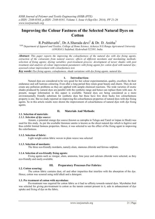 Improving the Colour Fastness of the Selected Natural Dyes on Cotton | PDF