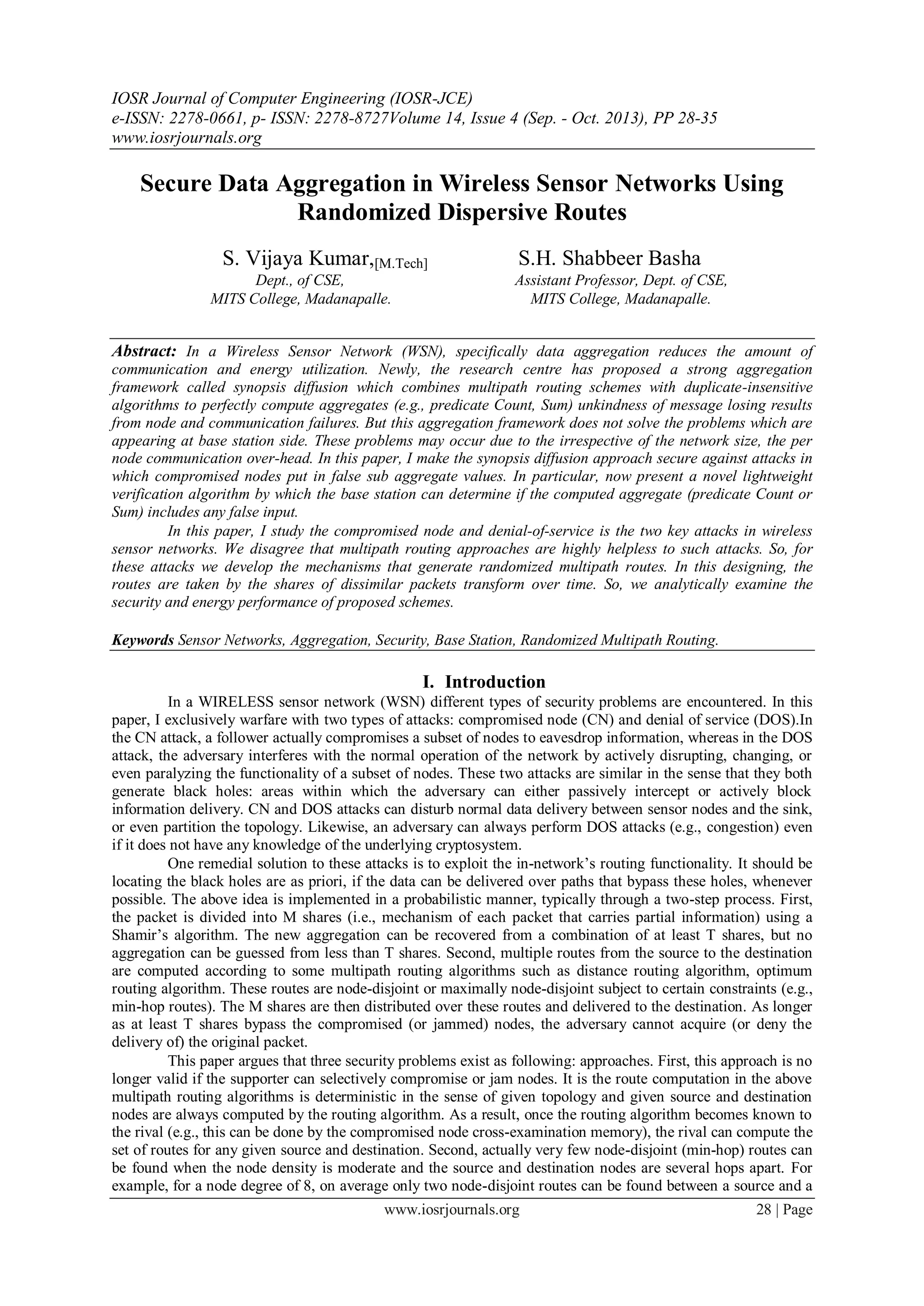 Secure Data Aggregation In Wireless Sensor Networks Using Randomized Dispersive Routes Pdf