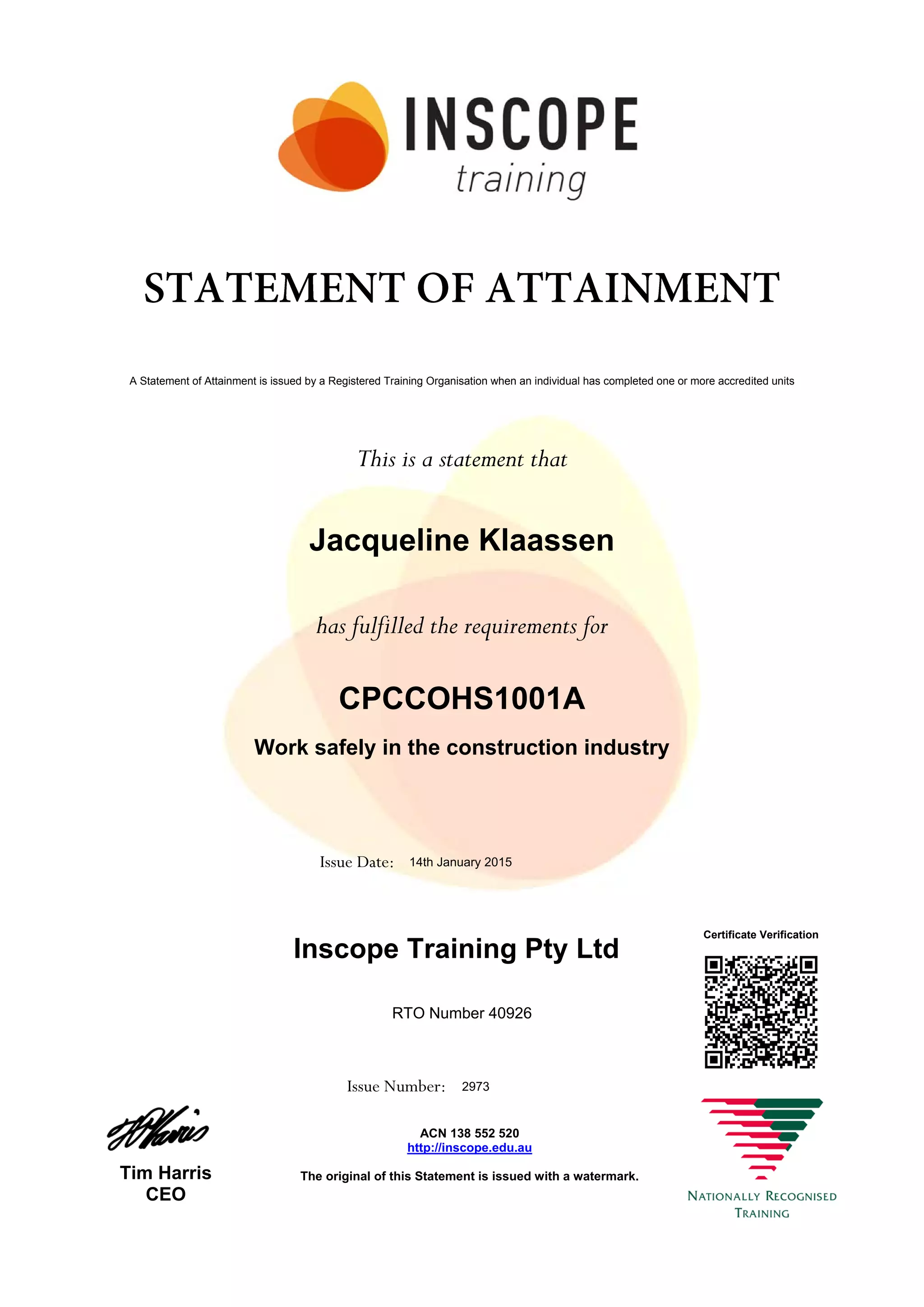 Jacqueline Klaassen - Statement of Attainment Inscope | PDF