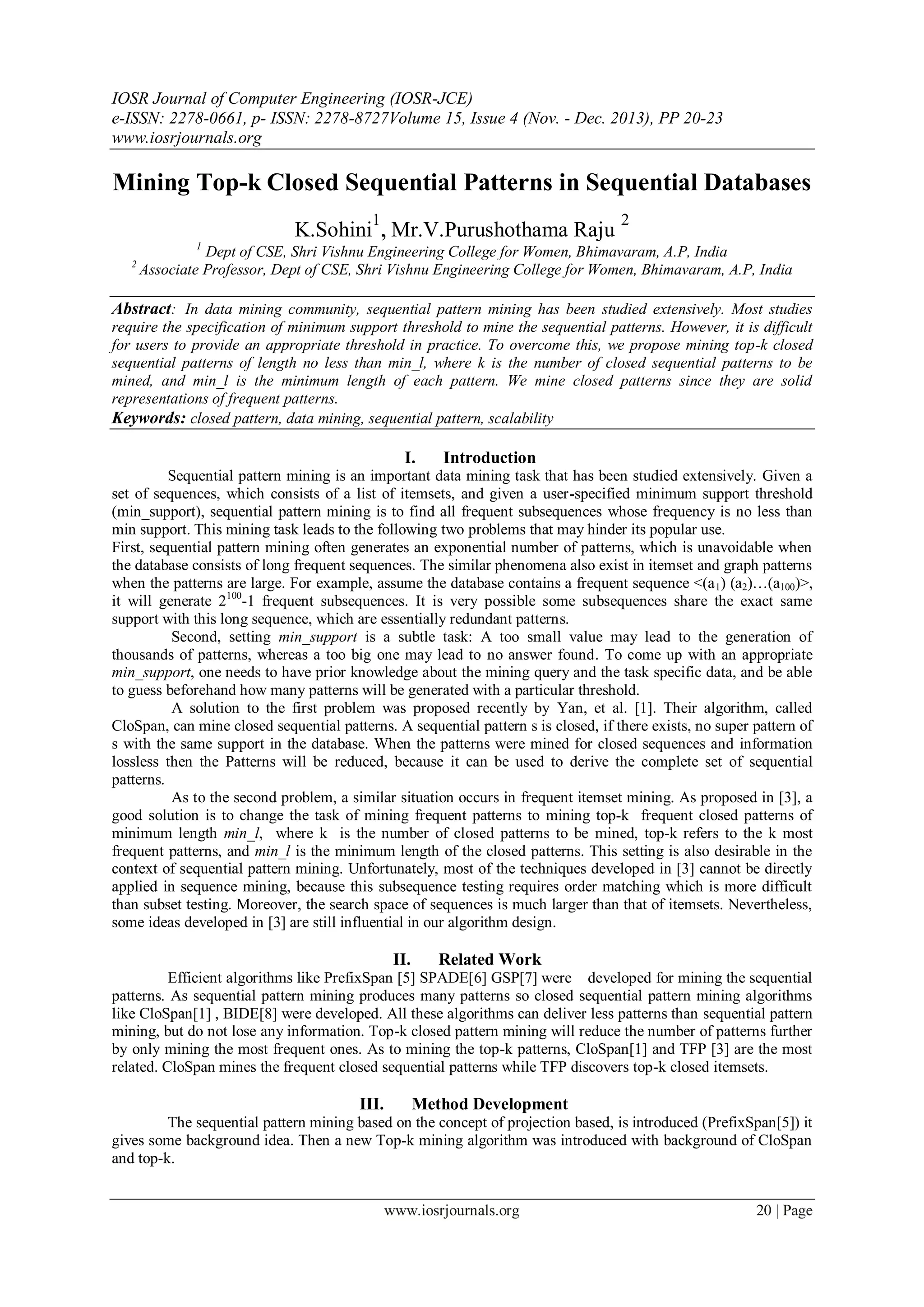 Mining Top-k Closed Sequential Patterns in Sequential Databases | PDF