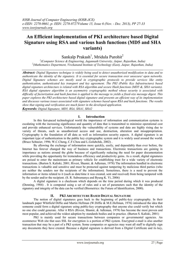 An Efficient implementation of PKI architecture based Digital Signature using RSA and various ...