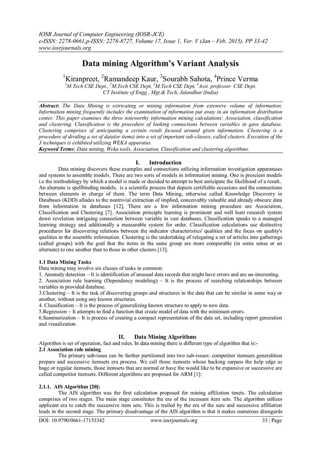 Data mining Algorithm’s Variant Analysis | PDF