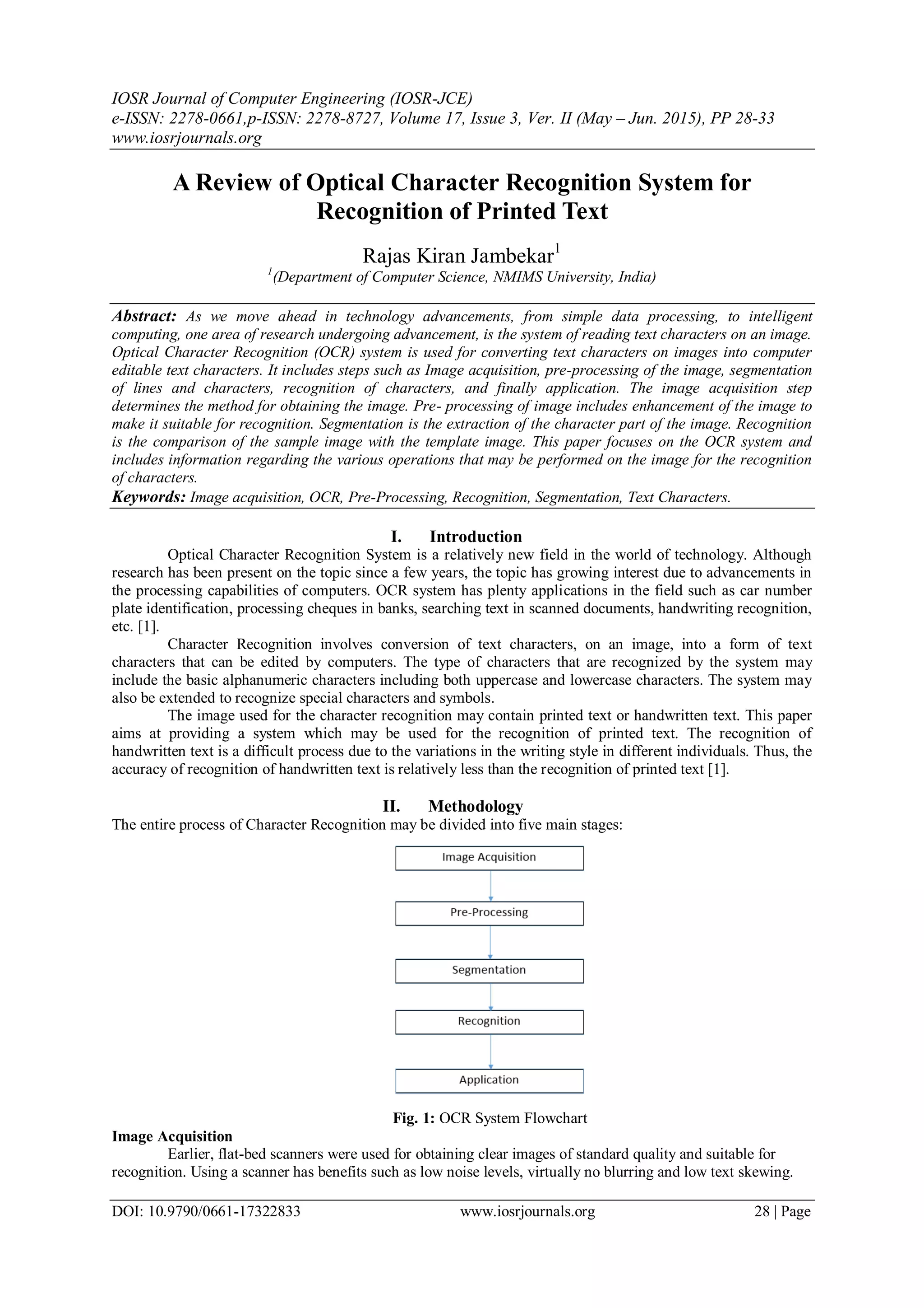 A Review Of Optical Character Recognition System For Recognition Of