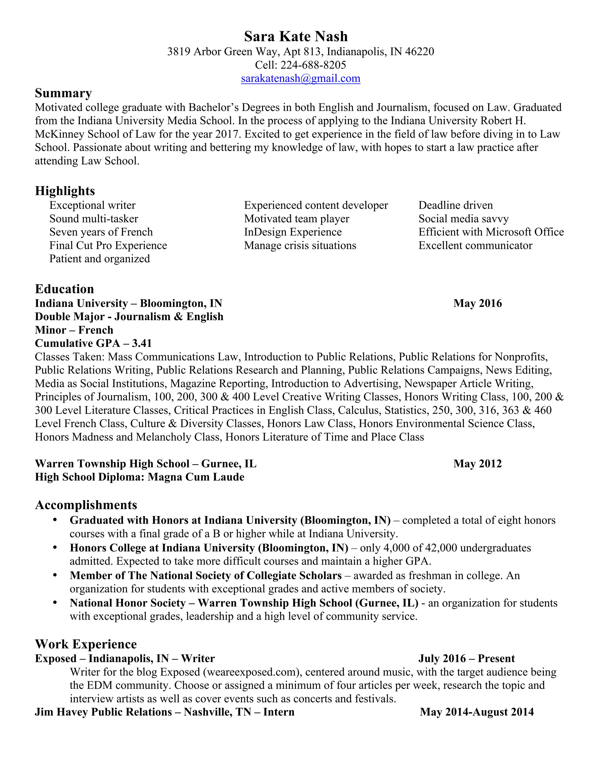 Sara Kate Nash Law Resume | PDF