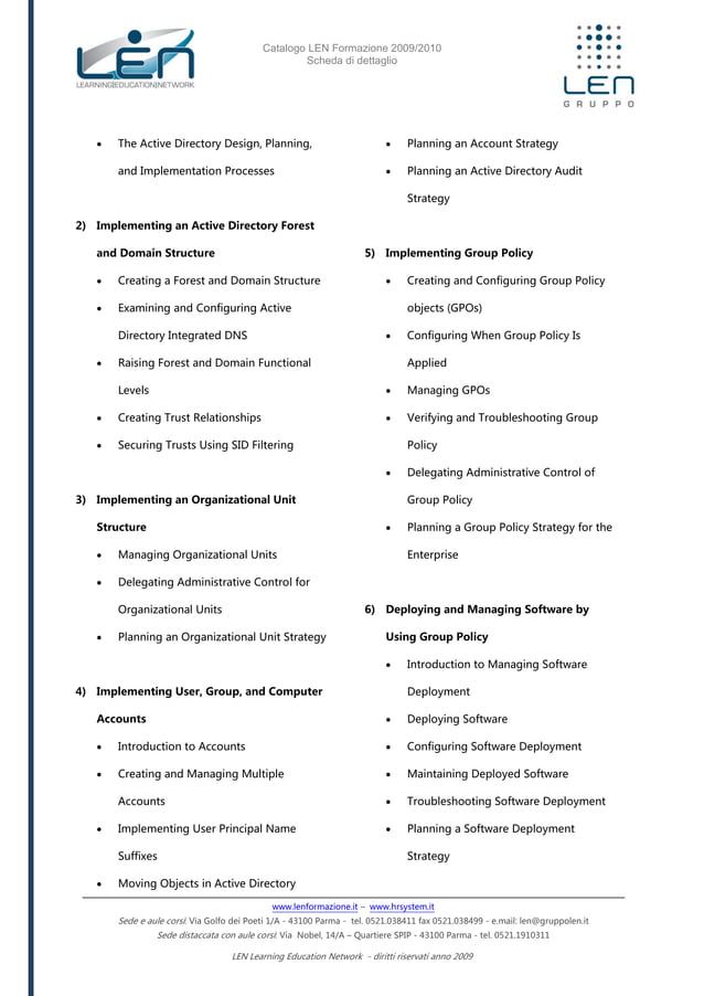 Planning implementing and maintaining an active directory infrastructure - Scheda corso LEN | PDF