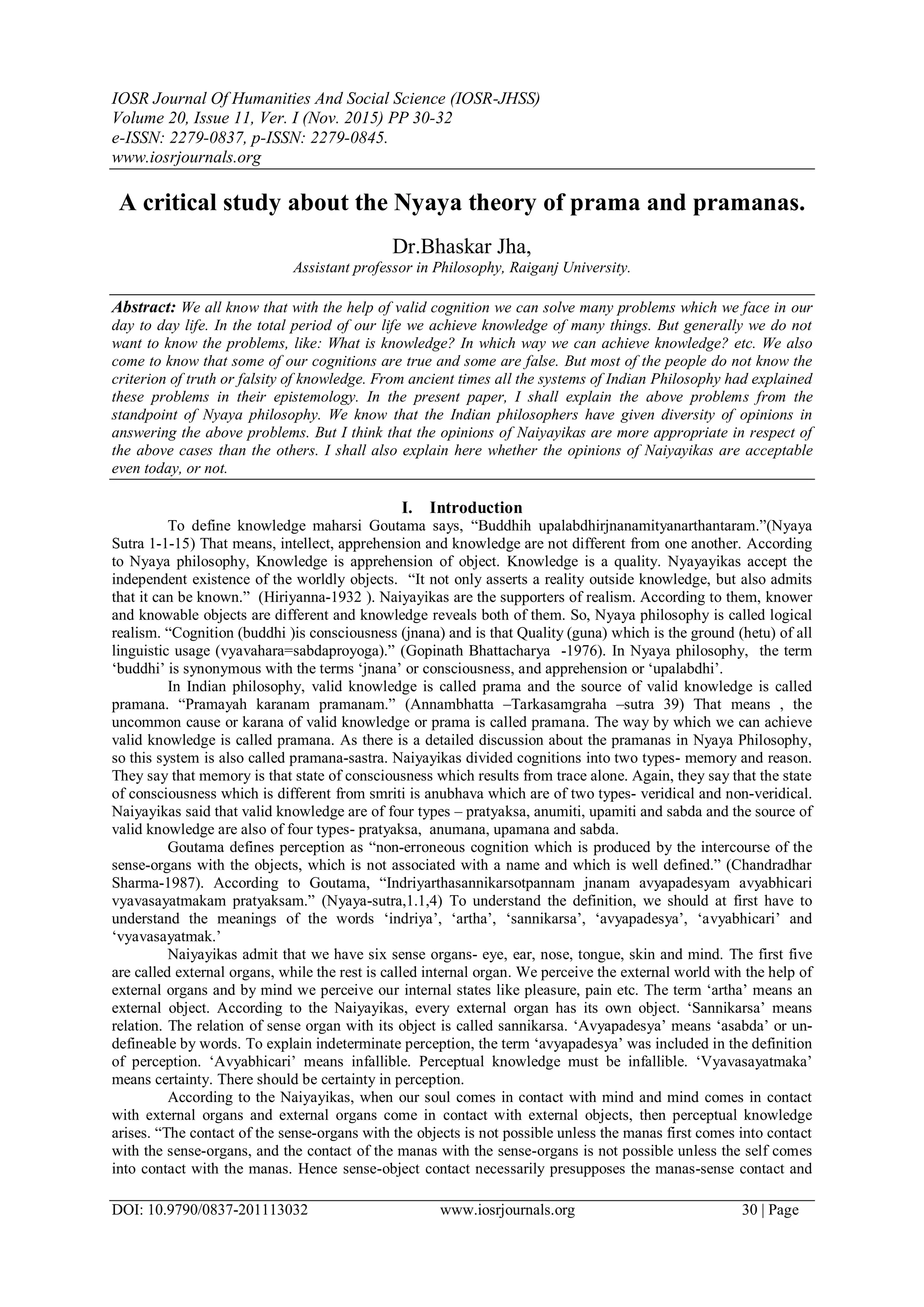 A critical study about the Nyaya theory of prama and pramanas. | PDF