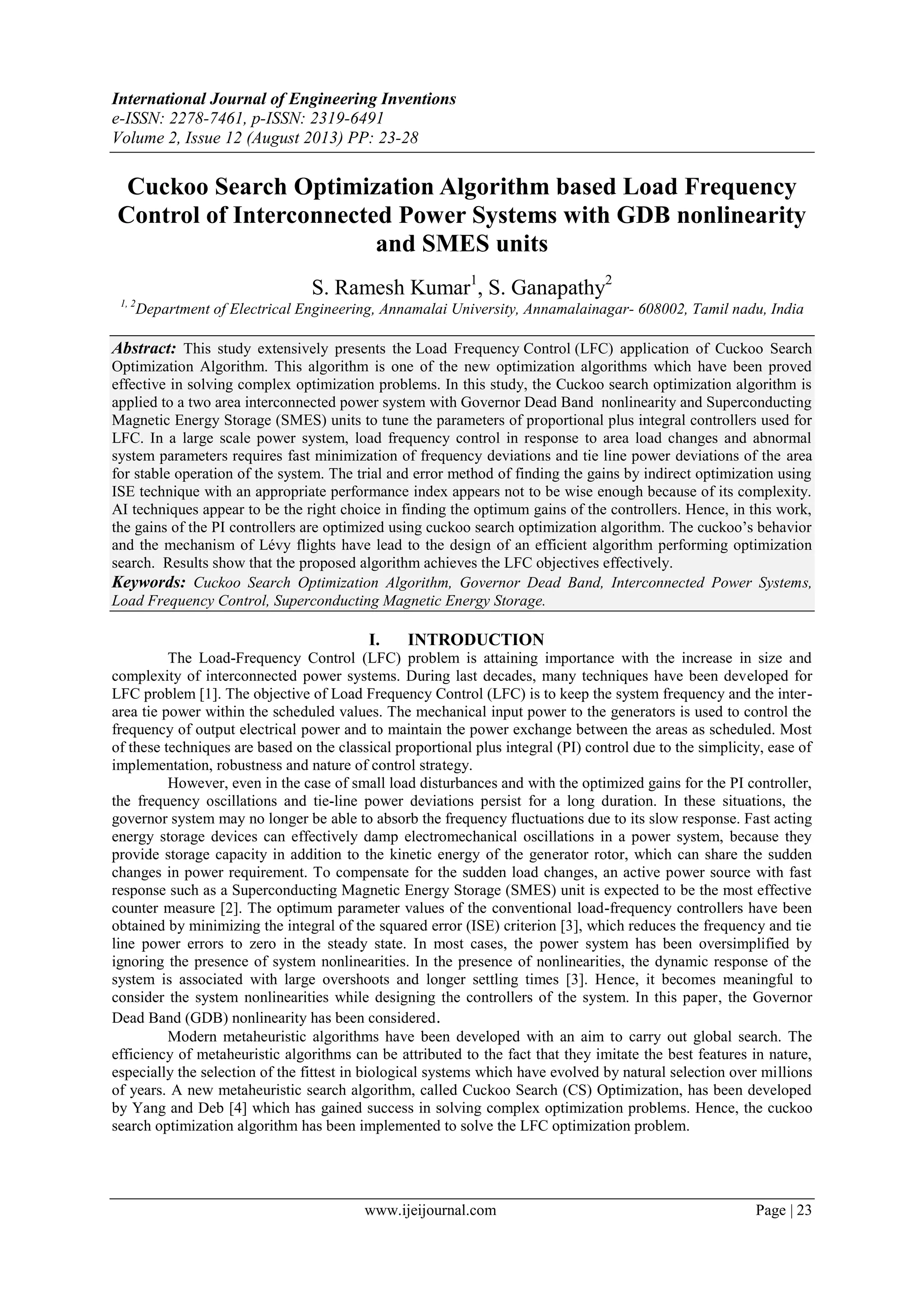 Cuckoo Search Optimization Algorithm based Load Frequency Control of Interconnected Power ...