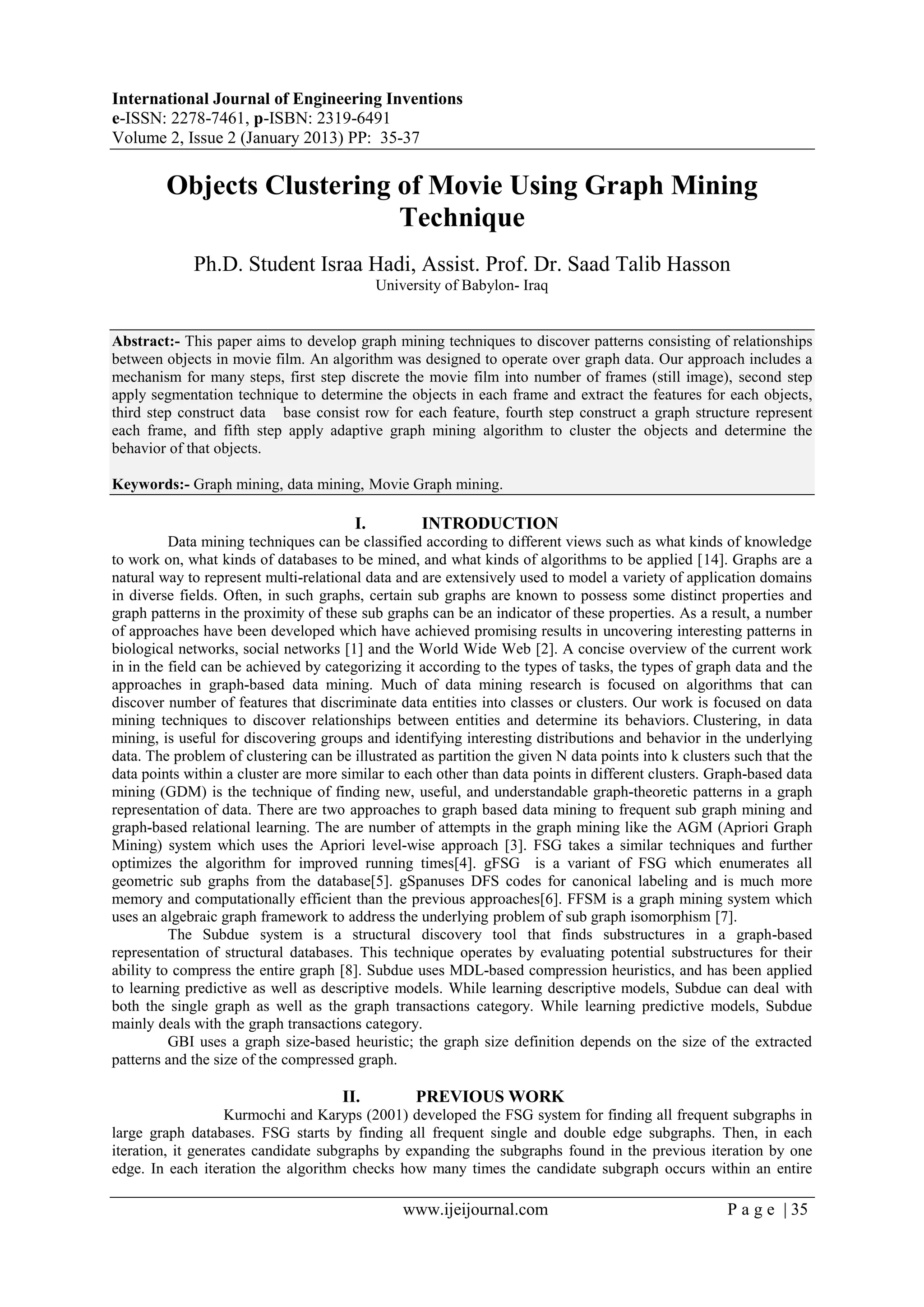 Objects Clustering of Movie Using Graph Mining Technique | PDF
