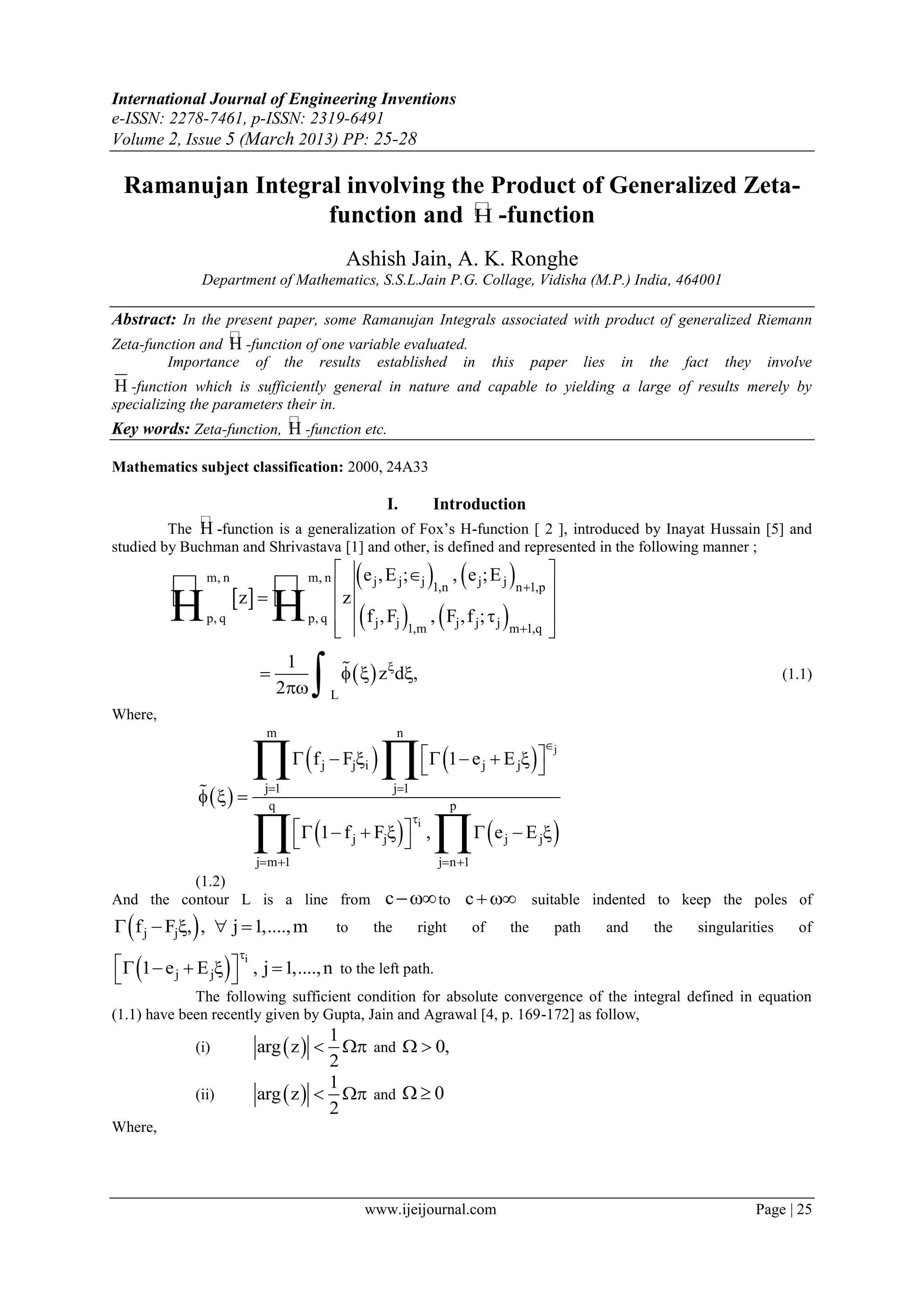 Ramanujan Integral involving the Product of Generalized Zetafunction and - function | PDF