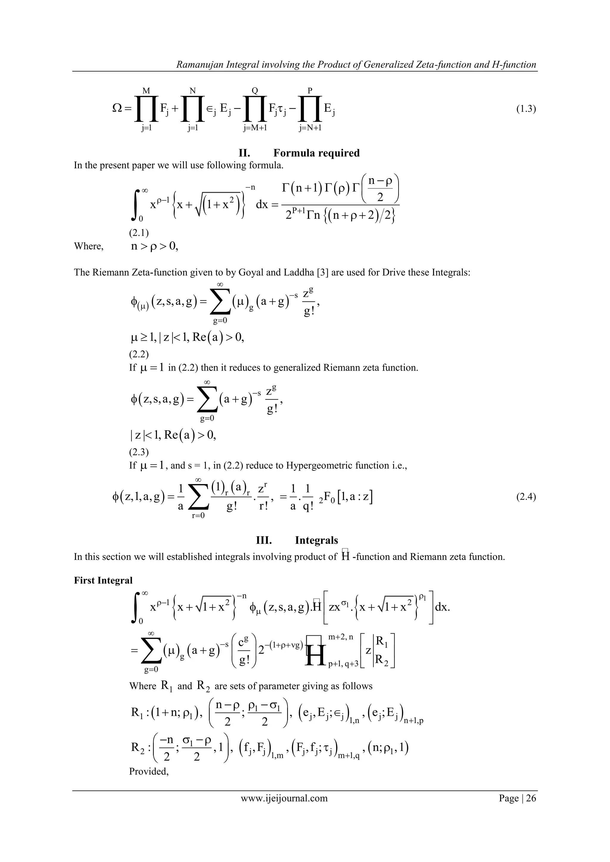 Ramanujan Integral involving the Product of Generalized Zetafunction ...