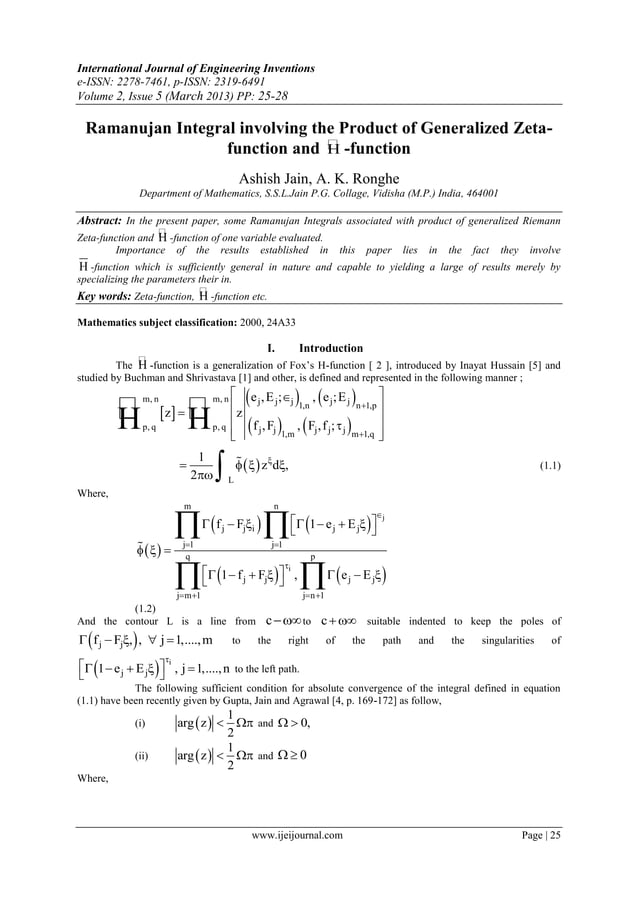 Ramanujan Integral involving the Product of Generalized Zetafunction ...