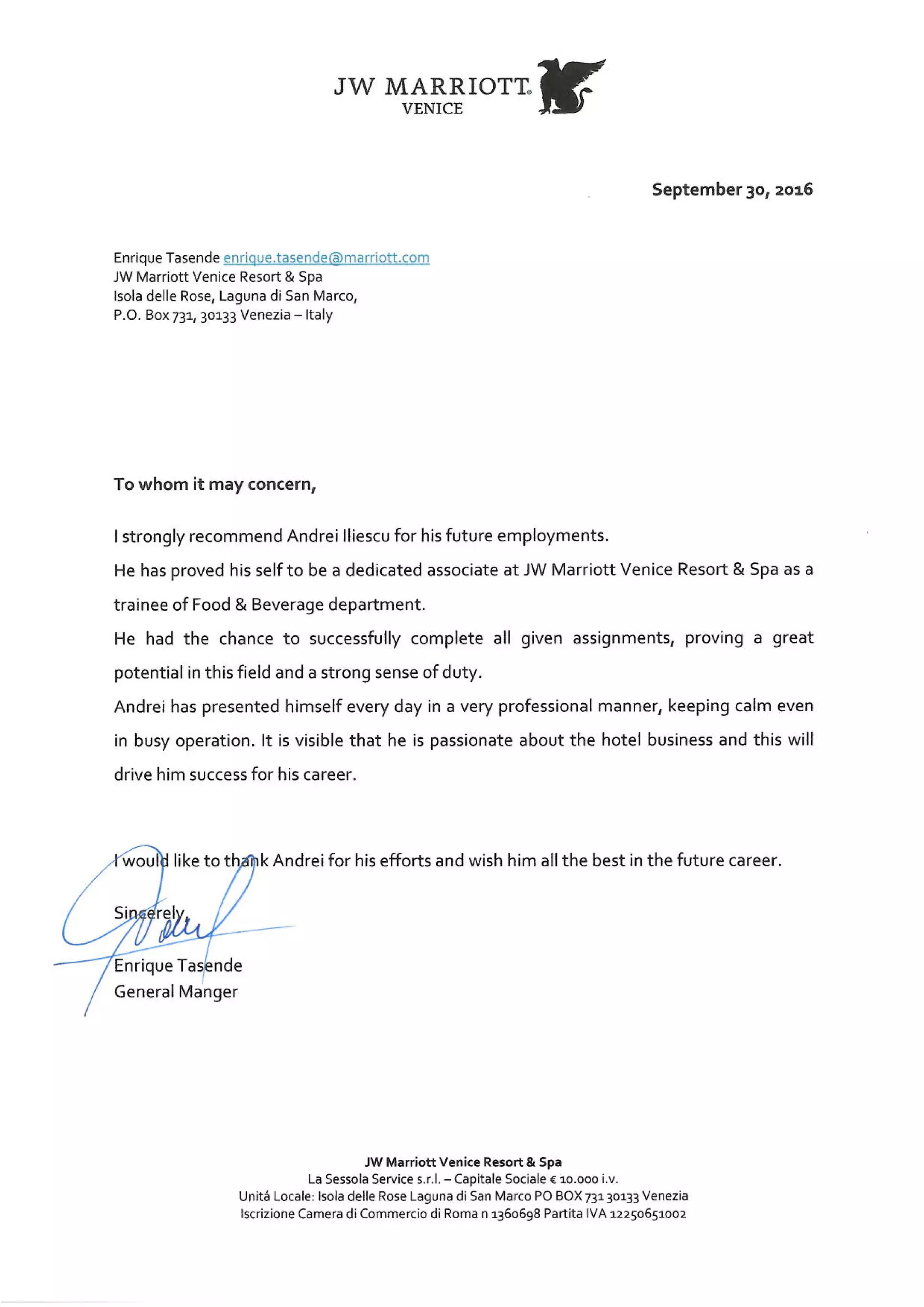 Andrei Iliescu - Reference letter JW Marriott Venice | PDF
