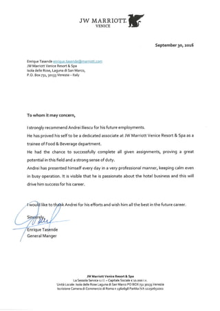 Andrei Iliescu - Reference letter JW Marriott Venice | PDF