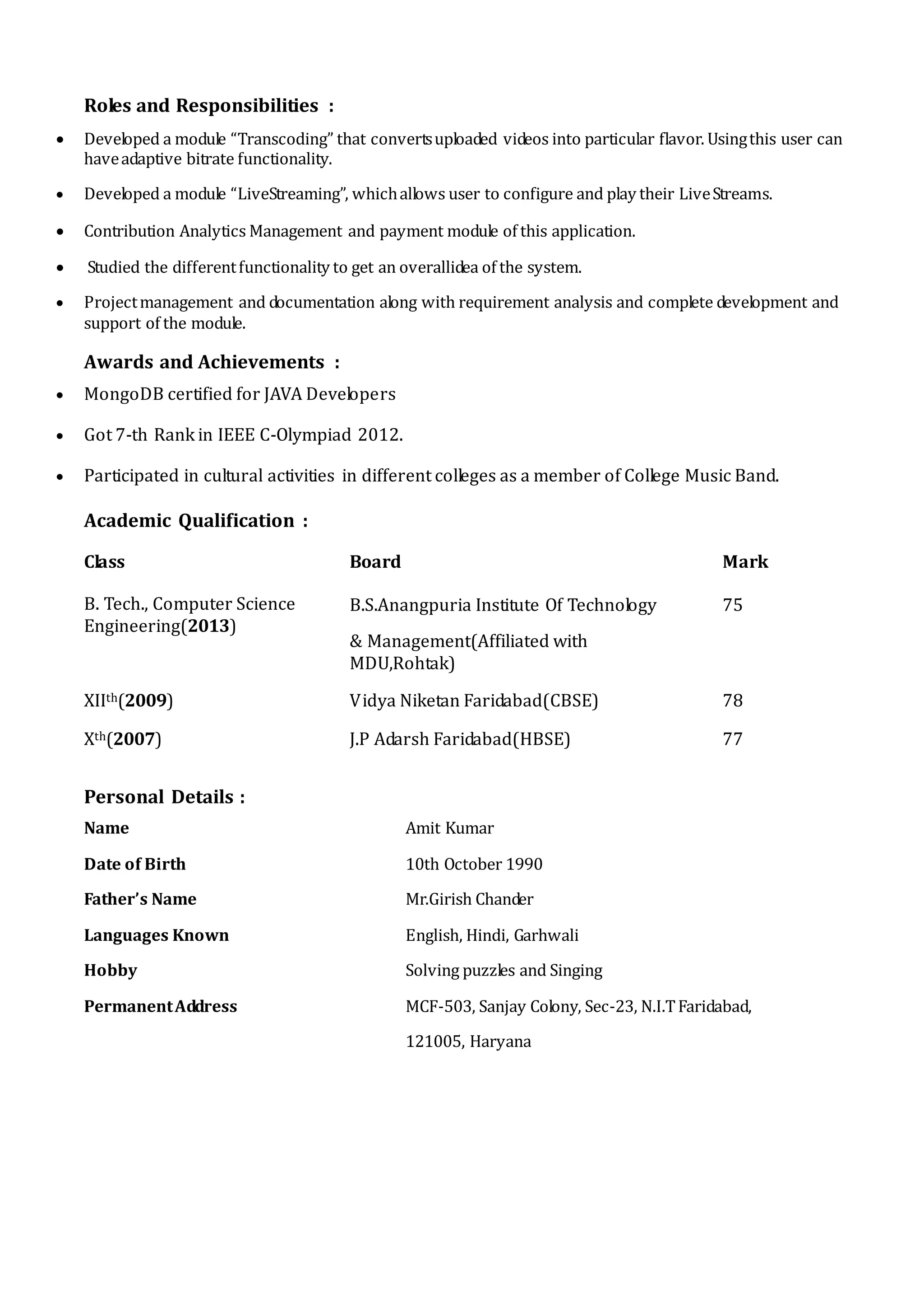Amit Kumar Java Developer 2yearexp Pdf