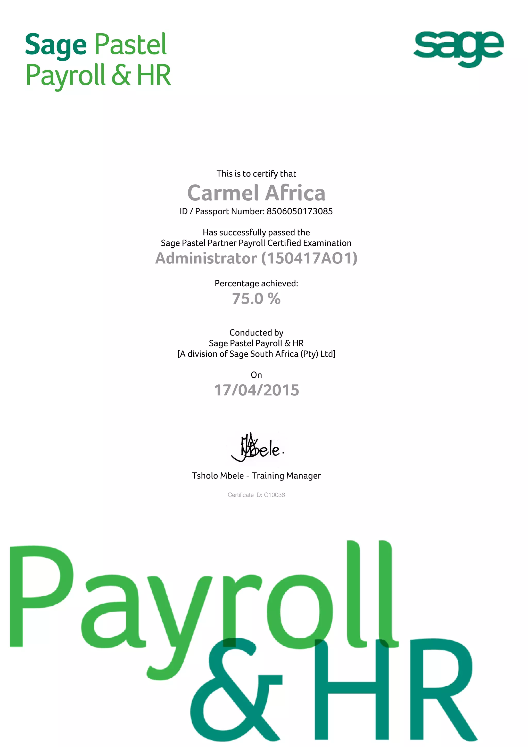 Carmel Afrika Pastel Payroll Certificate | PDF