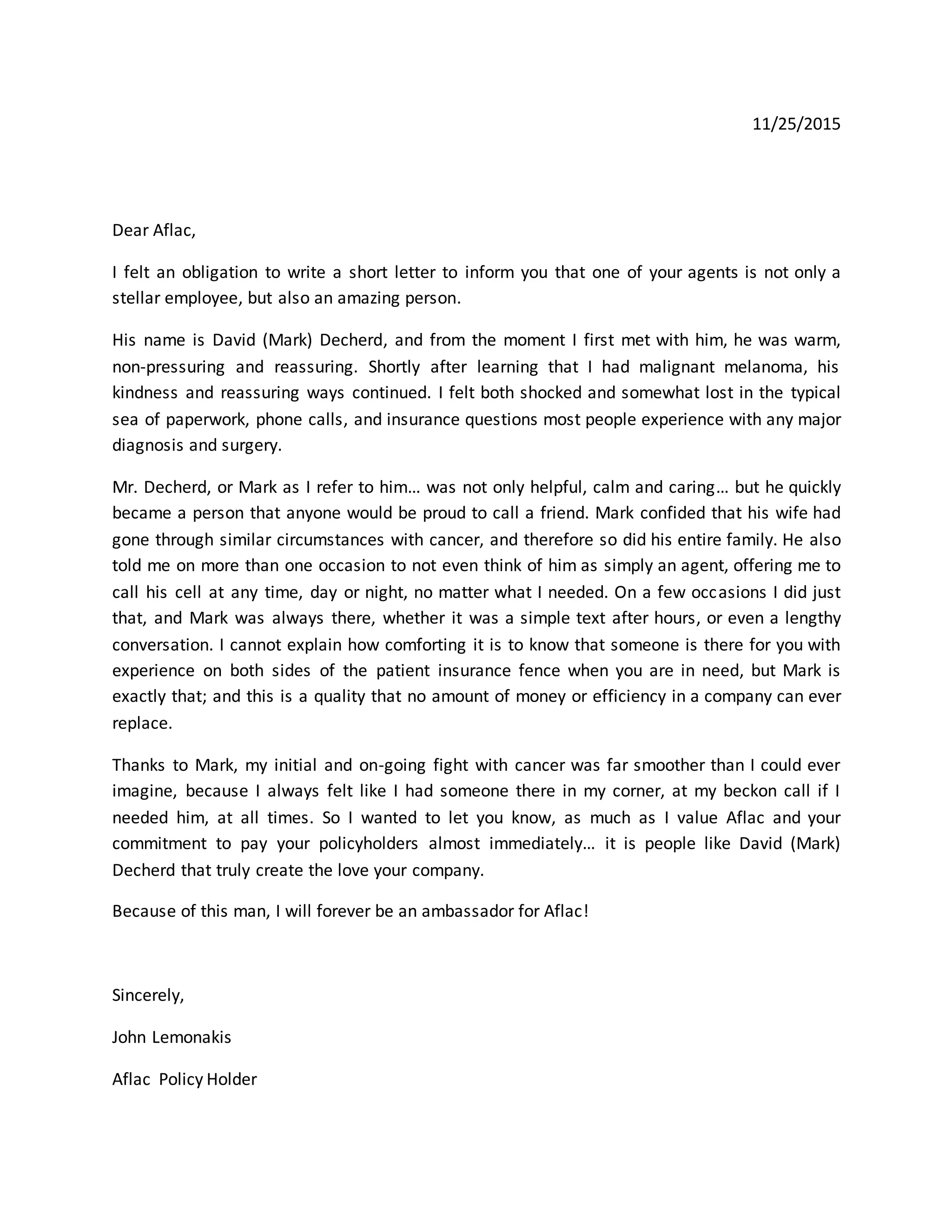 Letter to Aflac regarding agent Decherd (1) | DOCX | Cancer | Diseases ...