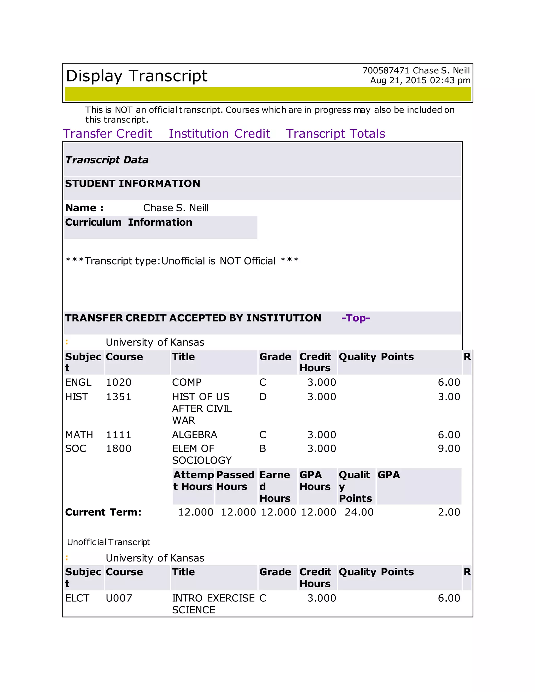 Unofficial Undergraduate Transcript_08-21-15 | DOCX | Undergraduate ...