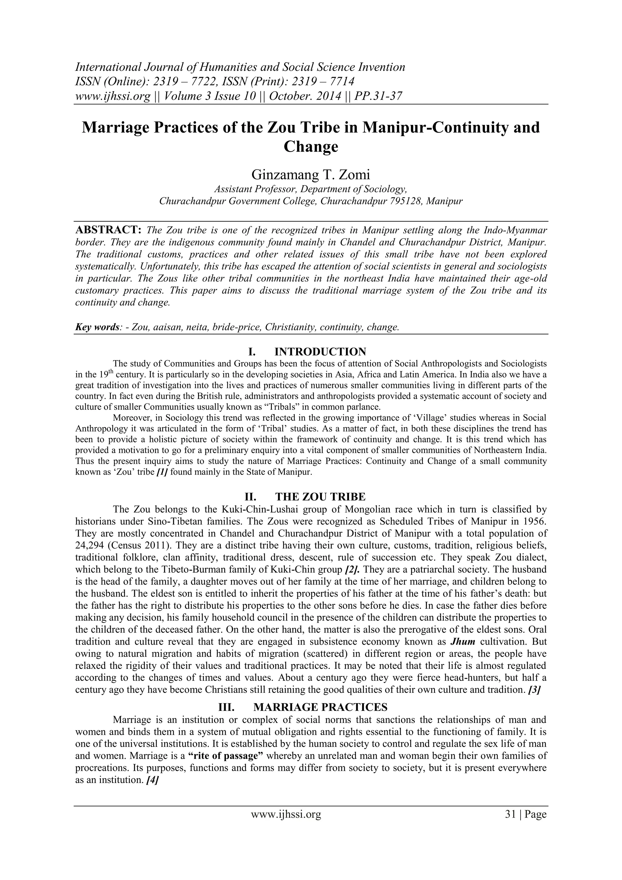 Marriage Practices of the Zou Tribe in Manipur-Continuity and Change | PDF