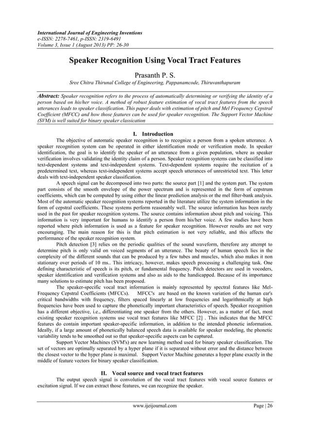 Speaker Recognition Using Vocal Tract Features | PDF