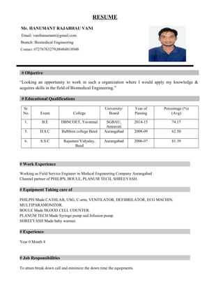 Hanumant_Biomedical engineer-RESUME | PDF
