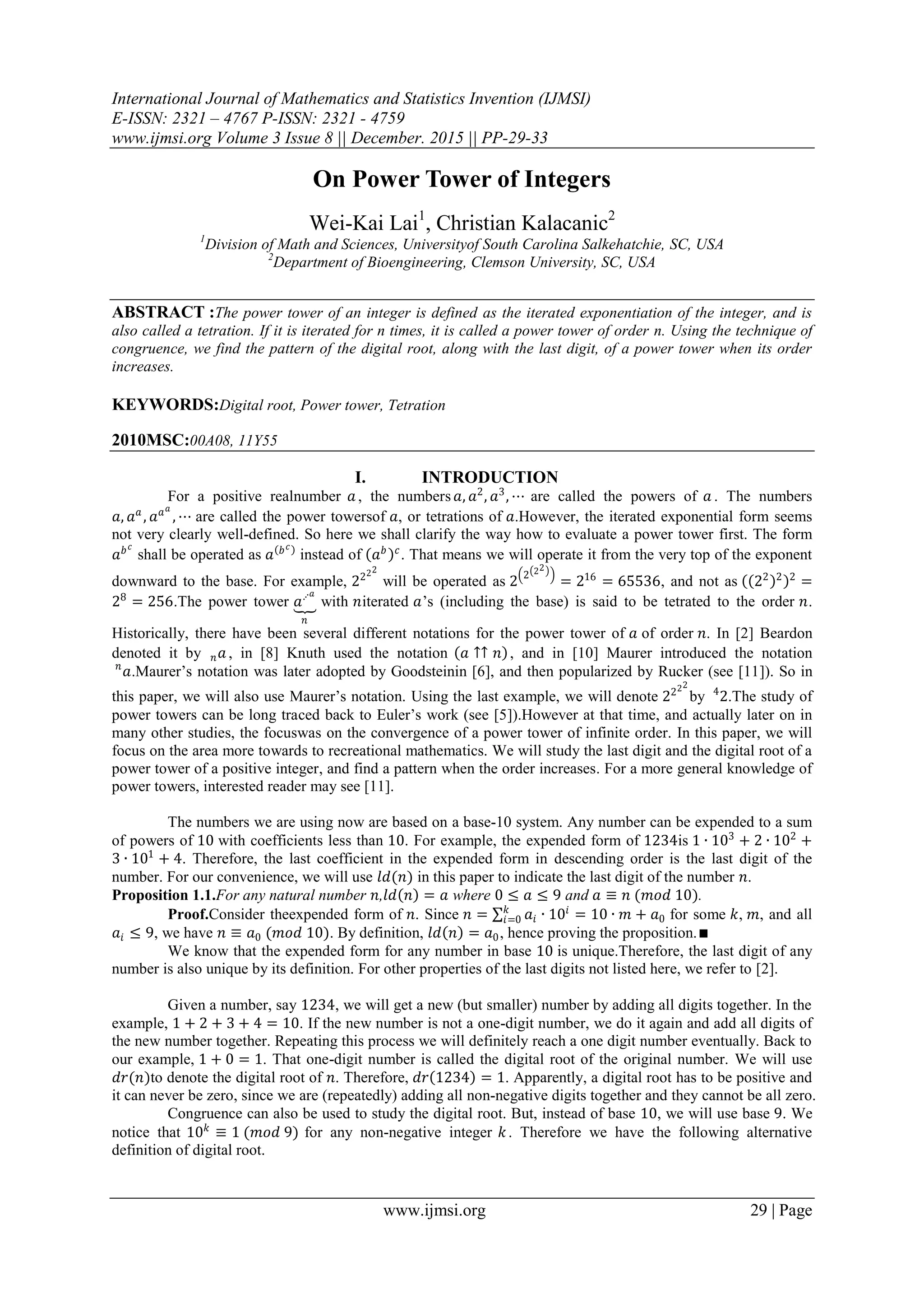 On Power Tower of Integers | PDF