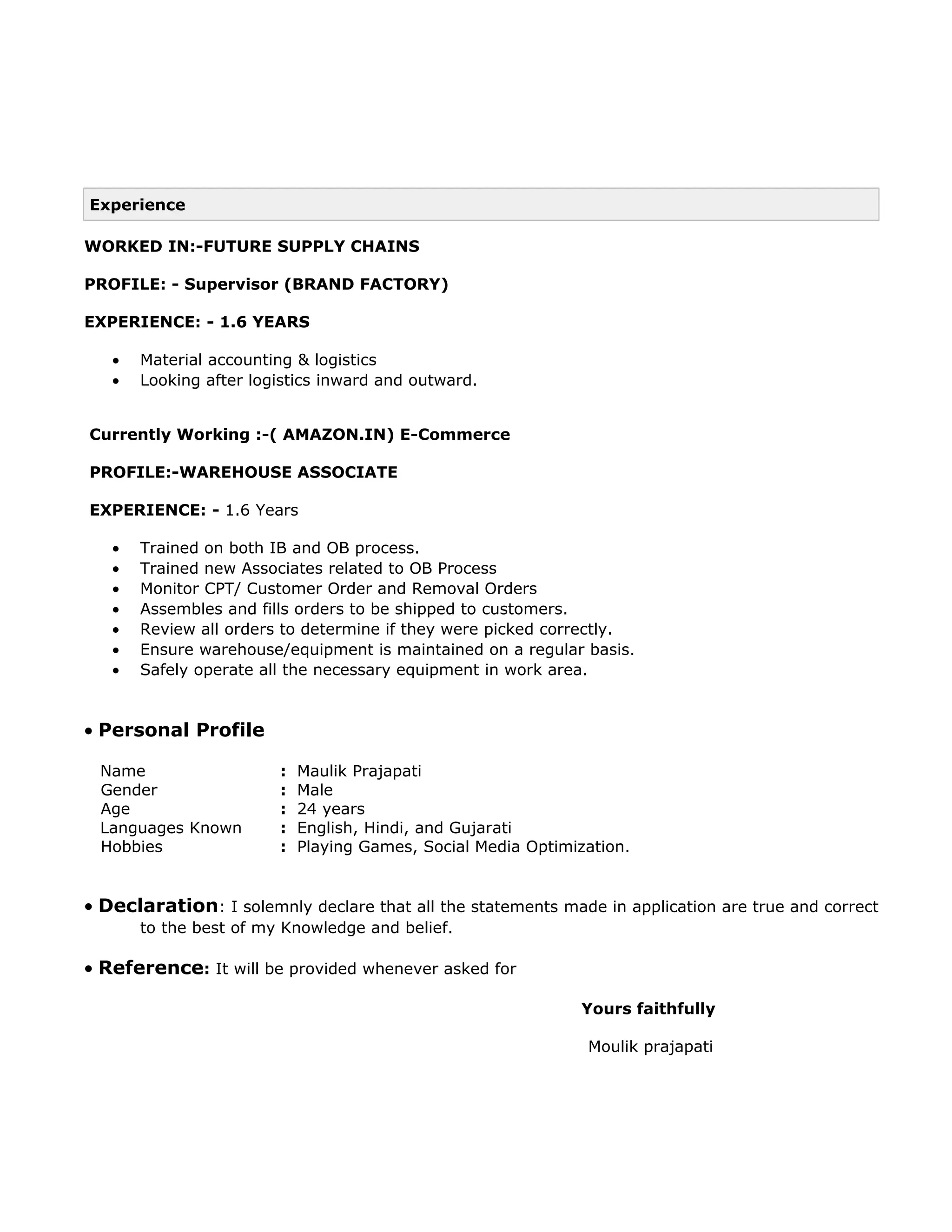 maulik resume | DOC | Logistics | Business