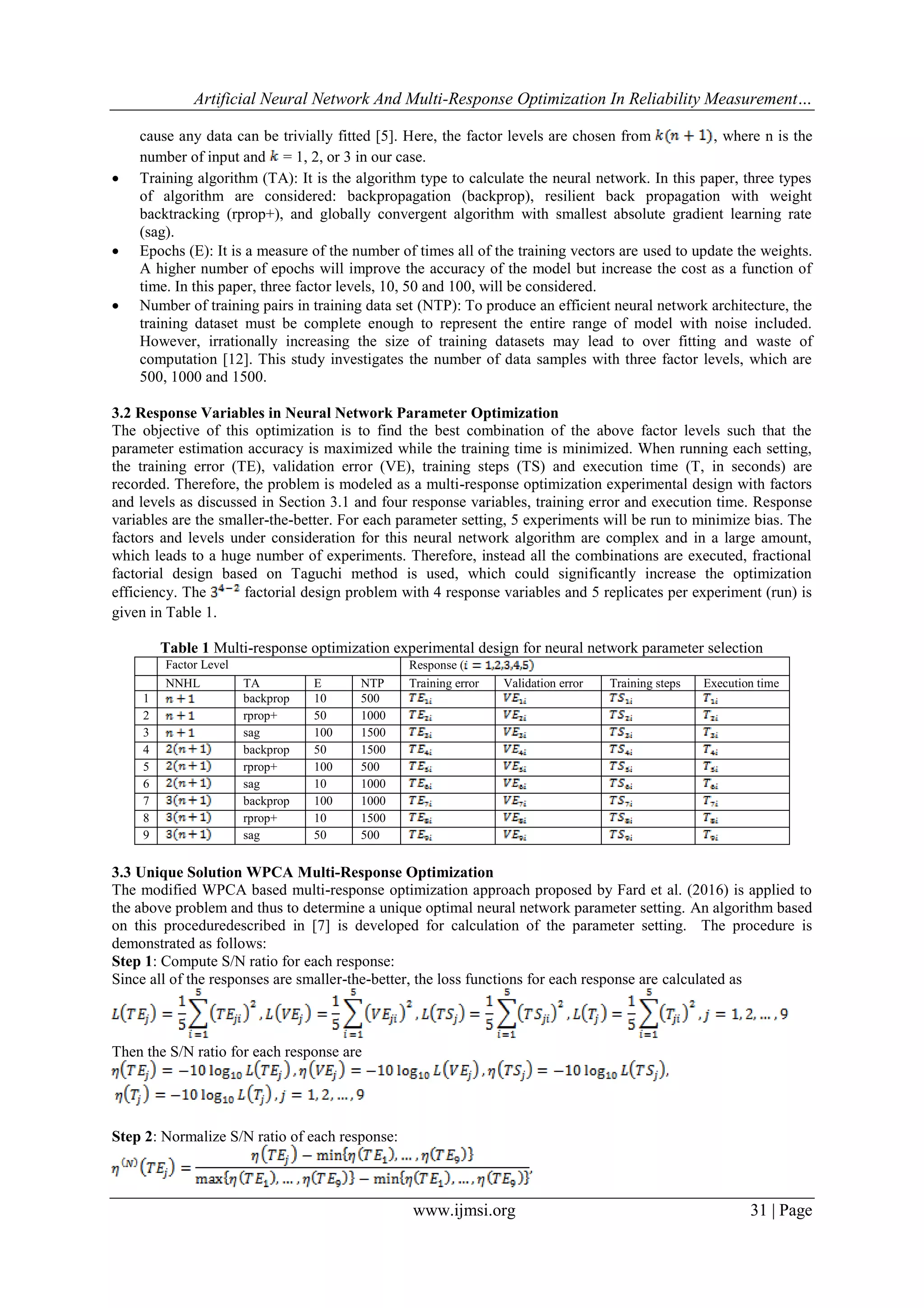 Artificial Neural Network and Multi-Response Optimization in Reliability Measurement ...