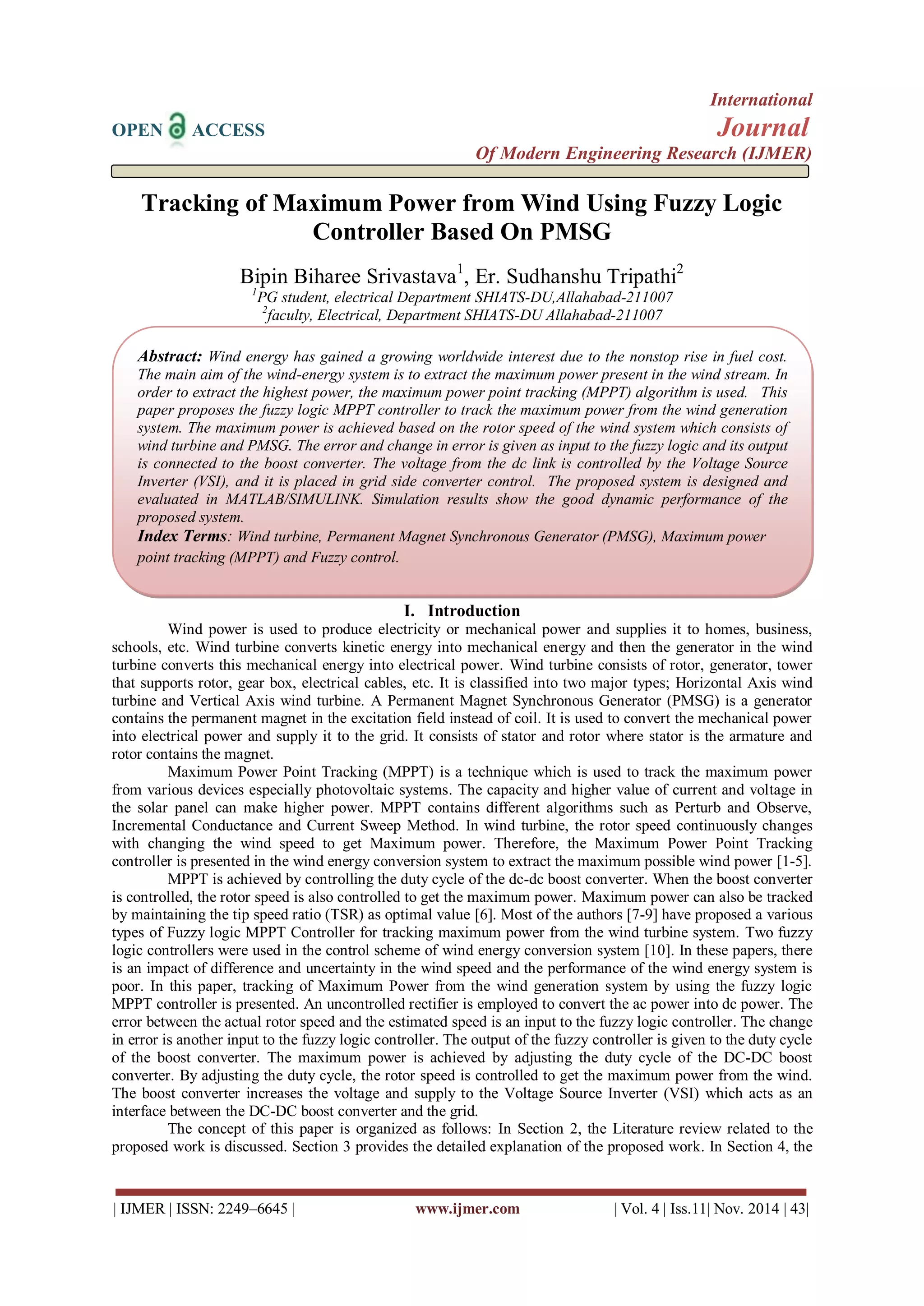 Tracking of Maximum Power from Wind Using Fuzzy Logic Controller Based On PMSG | PDF